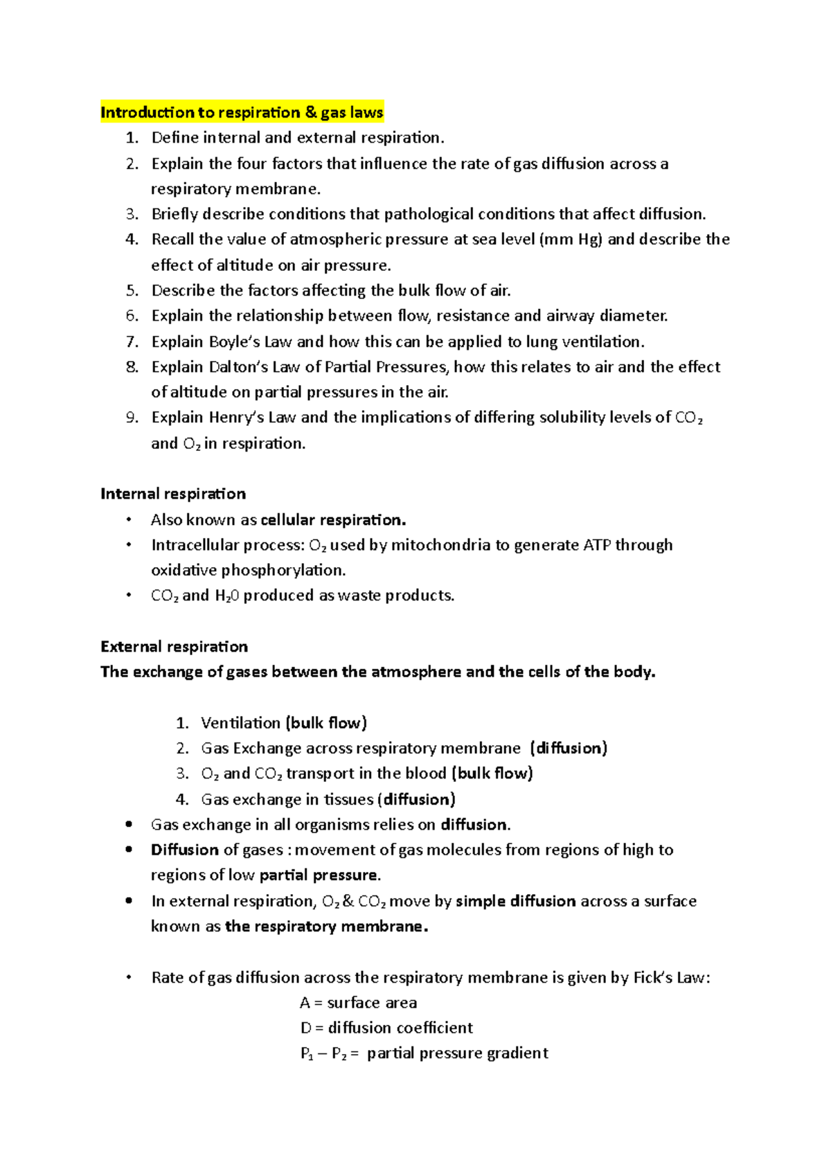 Introduction to respiration - Define internal and external respiration ...