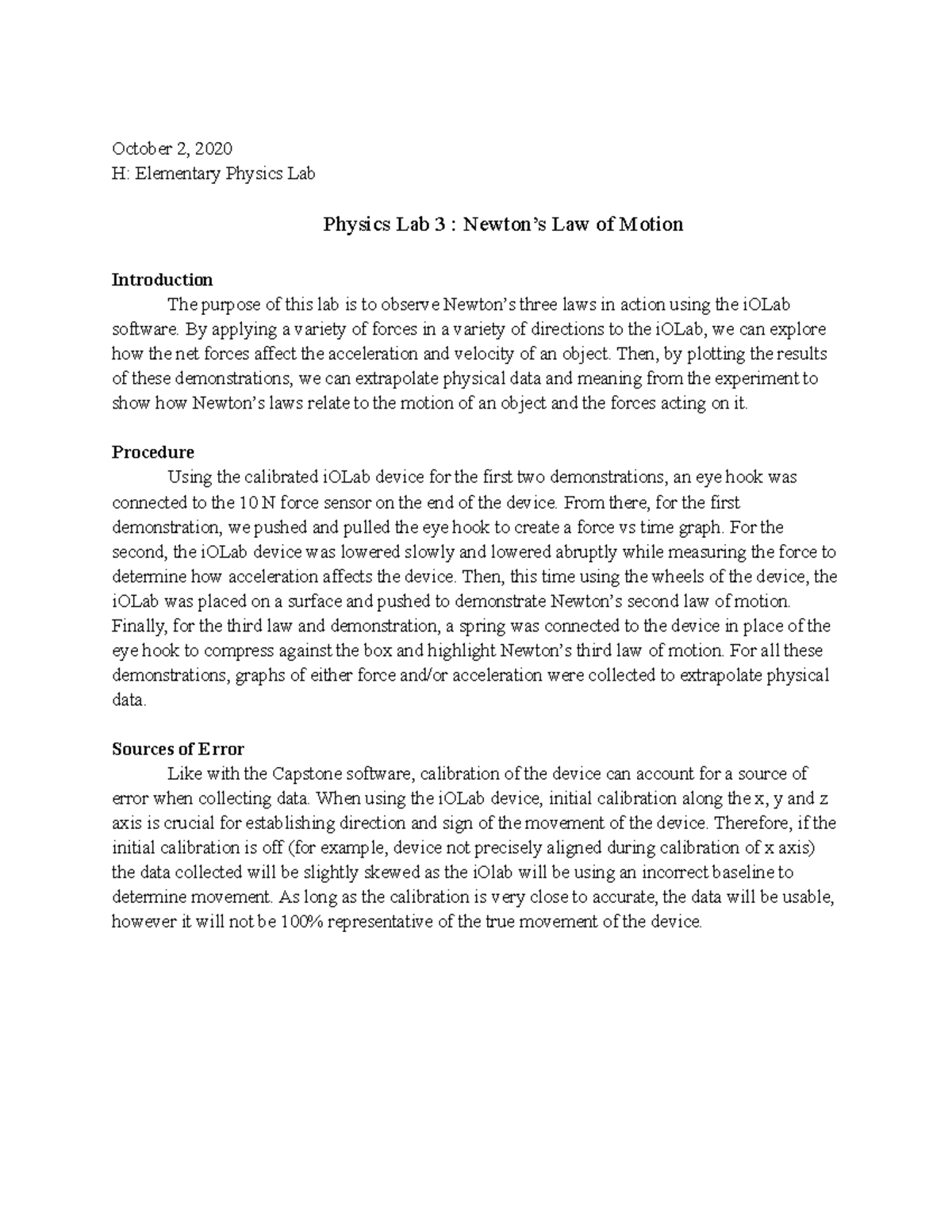 Physics Lab 3 - October 2, 2020 H: Elementary Physics Lab Physics Lab 3 ...