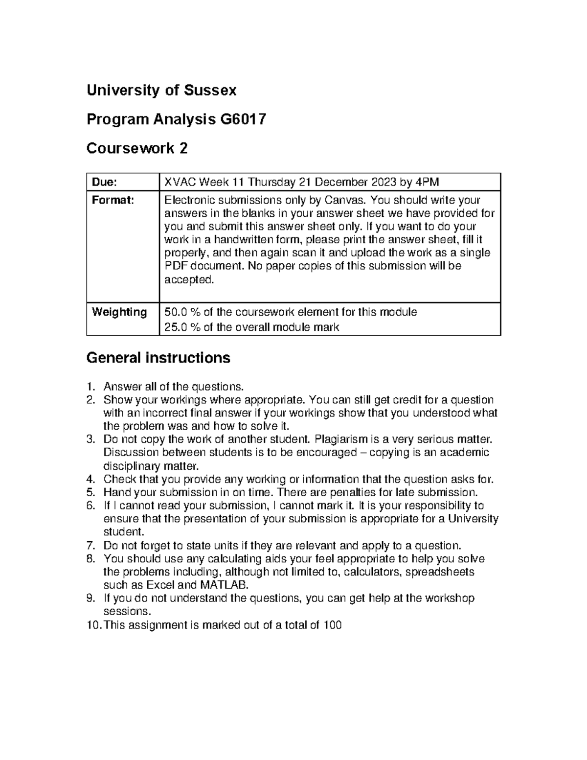 Program Analysis CWK 2Questions 2023 - University of Sussex Program ...