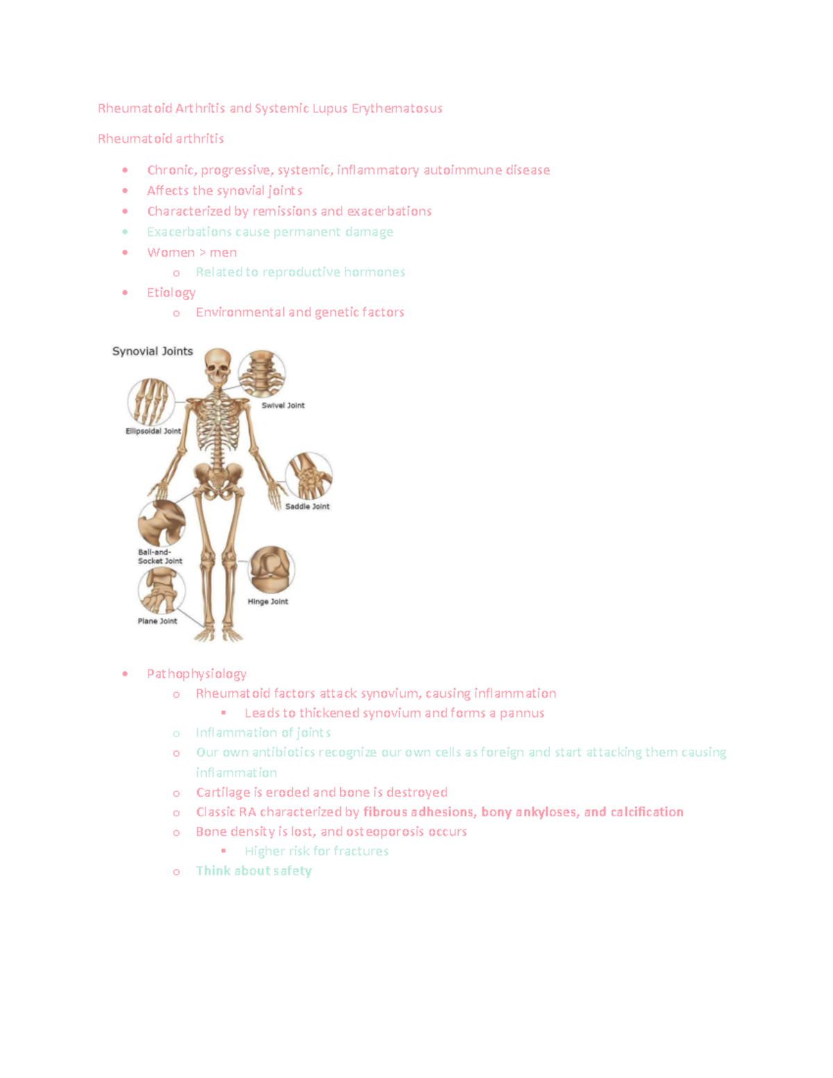 RA and SLE nursing 201 - lecture notes of RA and SLE - Rheumatoid ...
