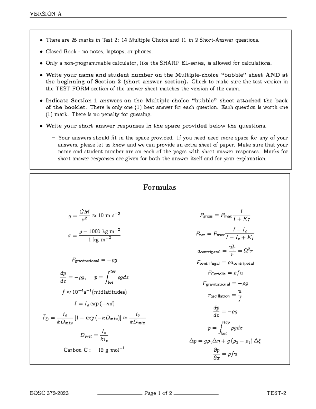 MT 2 Formula - VERSION A There are 25 marks in Test 2: 14 Multiple ...