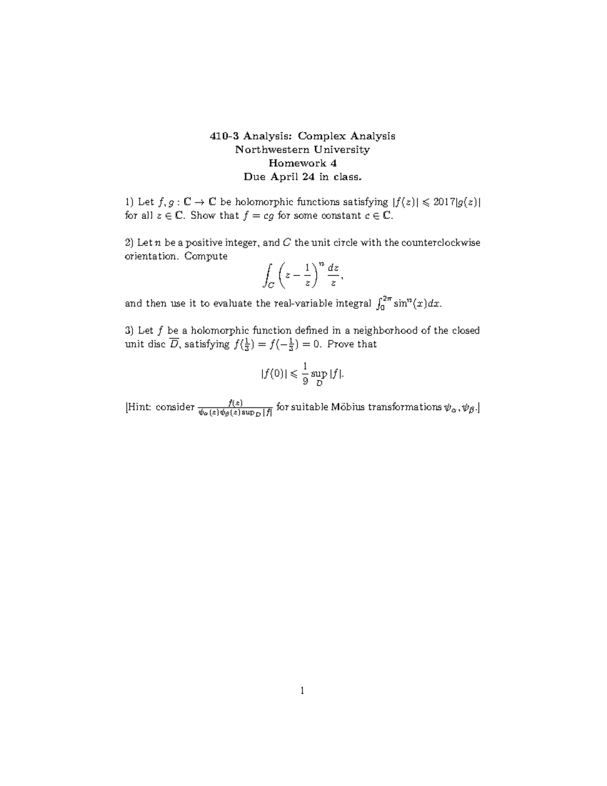 410-3 Analysis Complex Analysis homework 4 - 410-3 Analysis: Complex ...