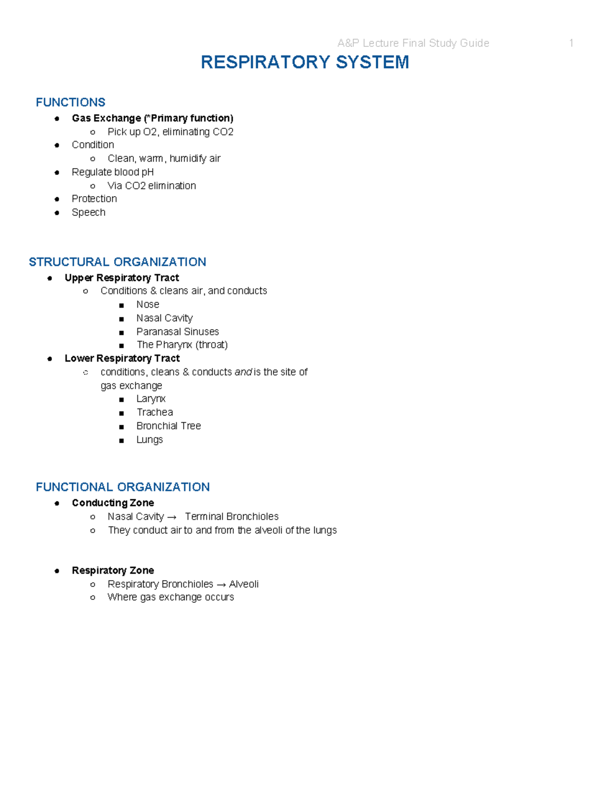 A&P Lecture Final Study Guide - RESPIRATORY SYSTEM FUNCTIONS Gas ...