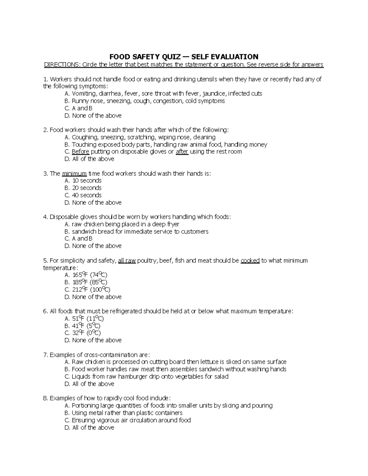 Food SafetyNUTRI NUTRU - FOOD SAFETY QUIZ — SELF EVALUATION DIRECTIONS ...