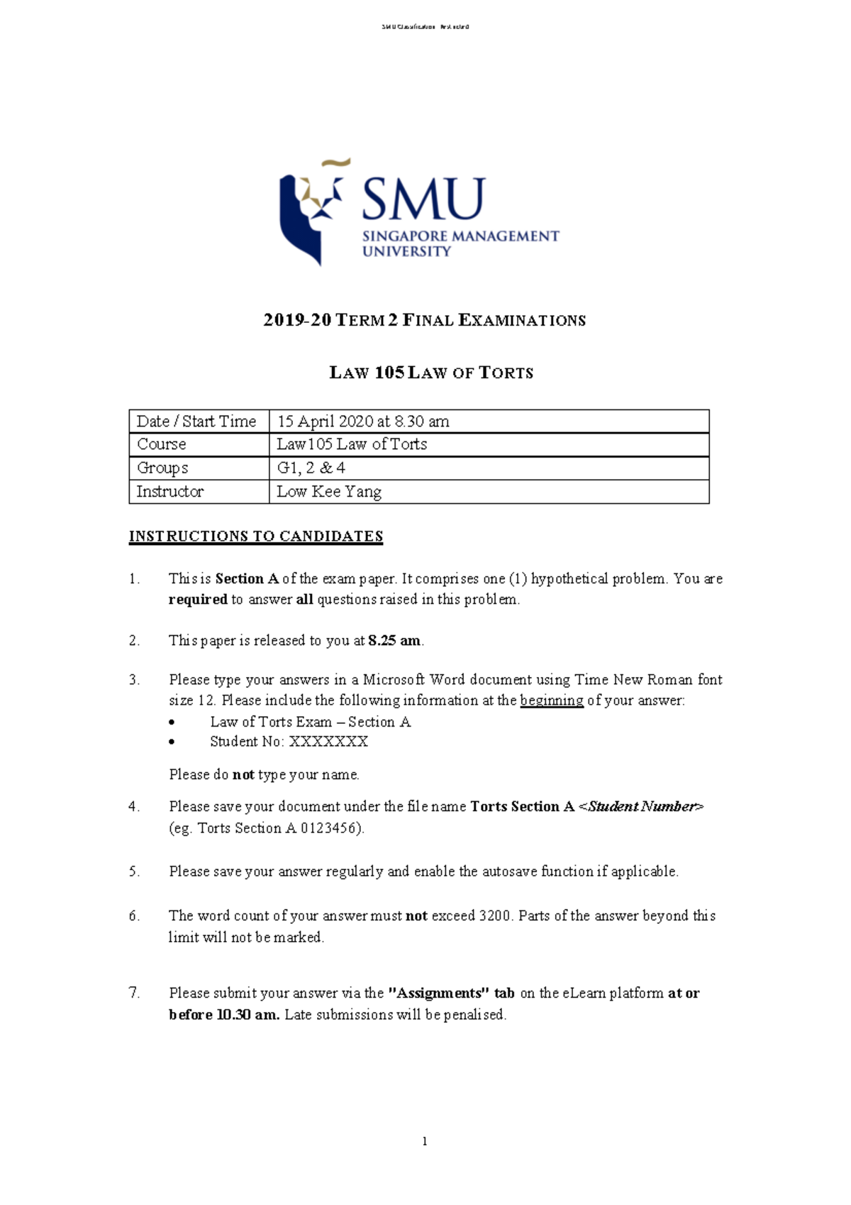 SMU Tort Final Exams 2019-2020 - 1 SMU Classification: Restricted 2019 ...