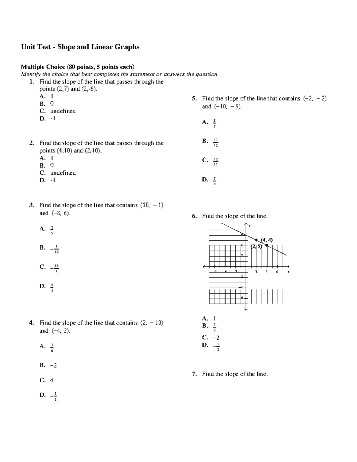 Slope practice test - Blabla - Unit Test - Slope and Linear Graphs ...