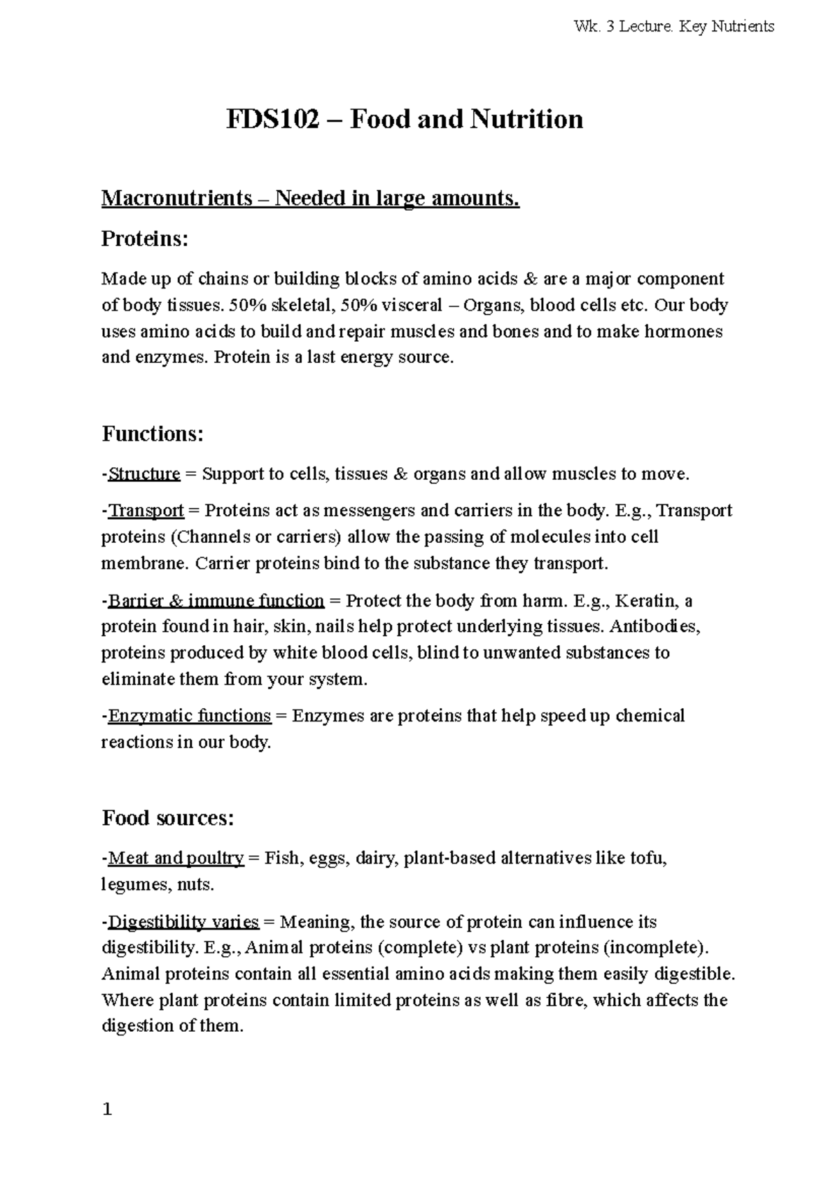 FDS102 - Notes - FDS102 – Food and Nutrition Macronutrients – Needed in ...