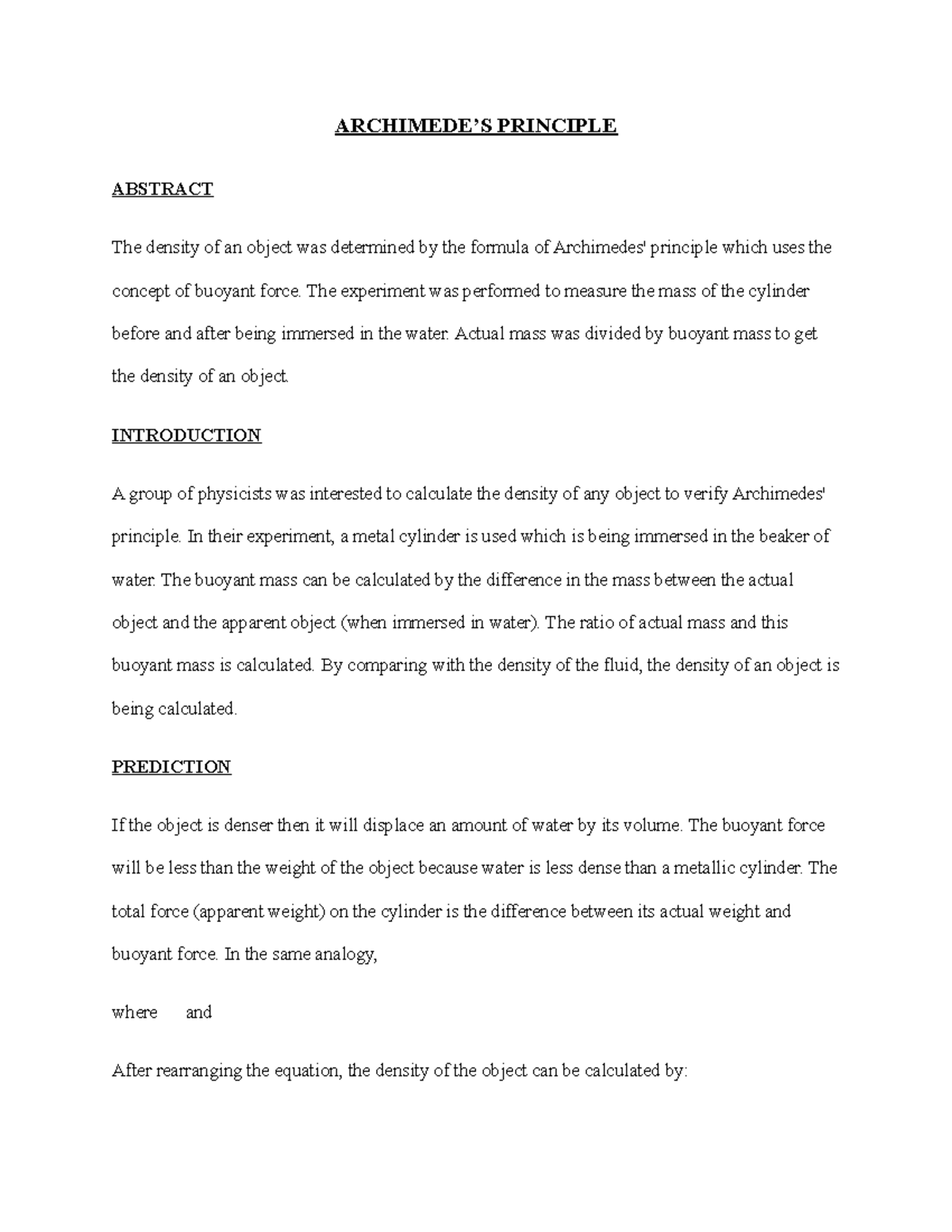 Archimedes' Principle - The experiment was performed to measure the mass of the cylinder before ...