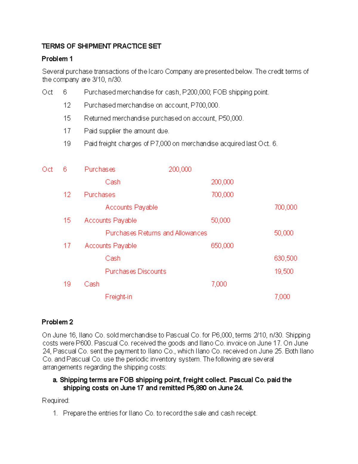 Terms of Shipment Answer Key - TERMS OF SHIPMENT PRACTICE SET Problem 1 ...