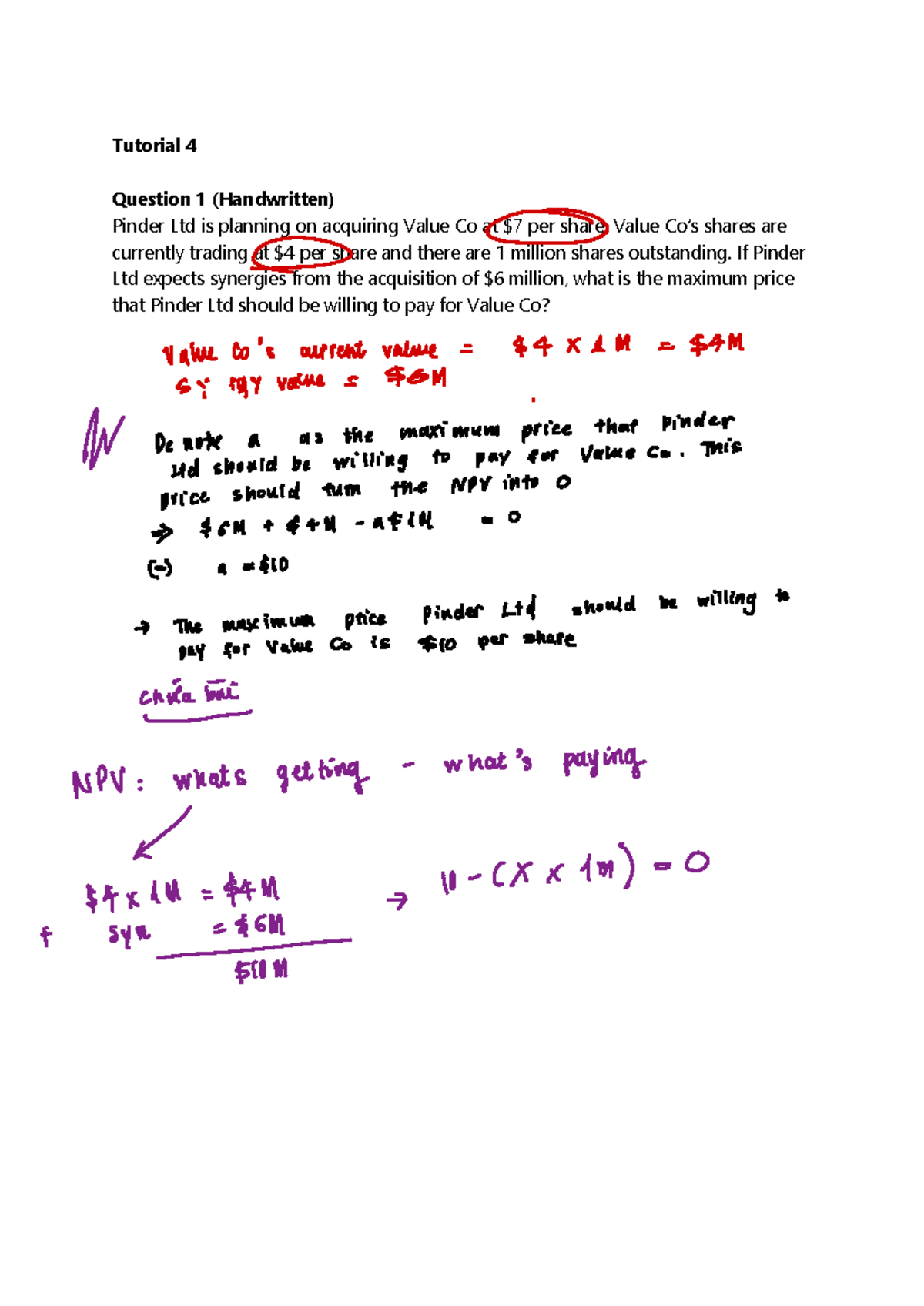 CFDM Tut 4 Answer - Tutorial 4 Question 1 (Handwritten) Pinder Ltd is planning on acquiring ...