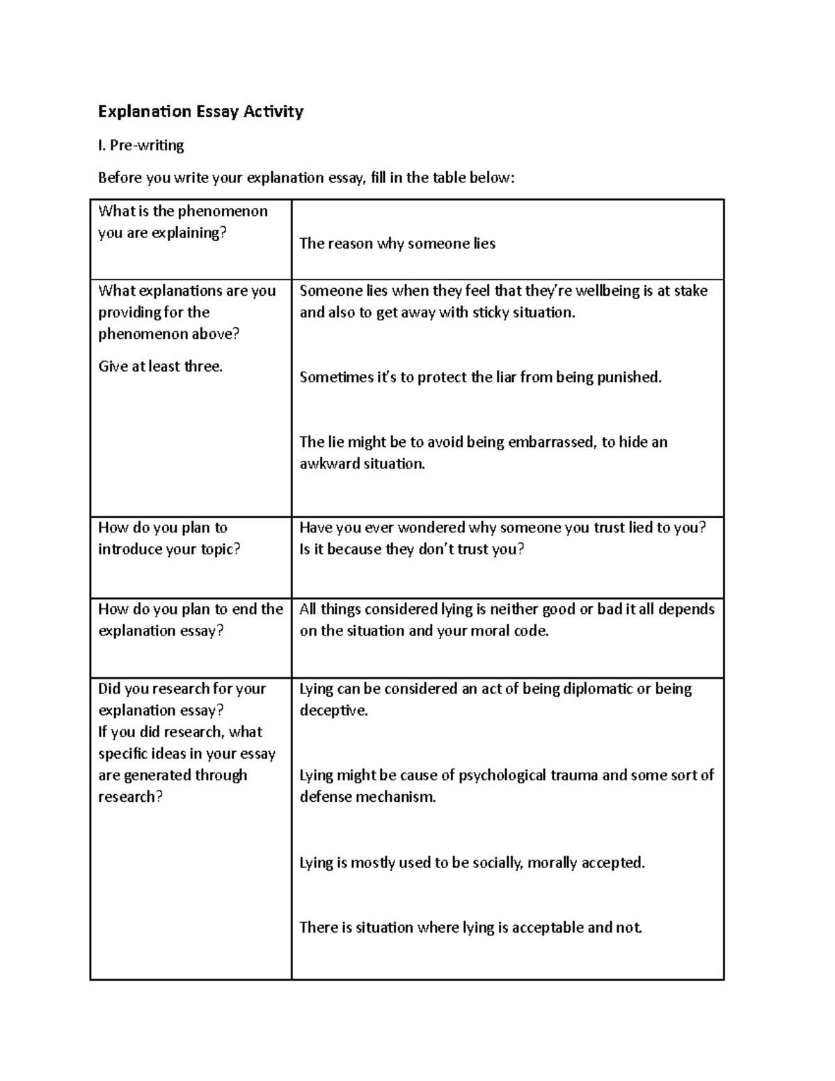 Explanation Essay Activity - Pre-writing Before you write your ...