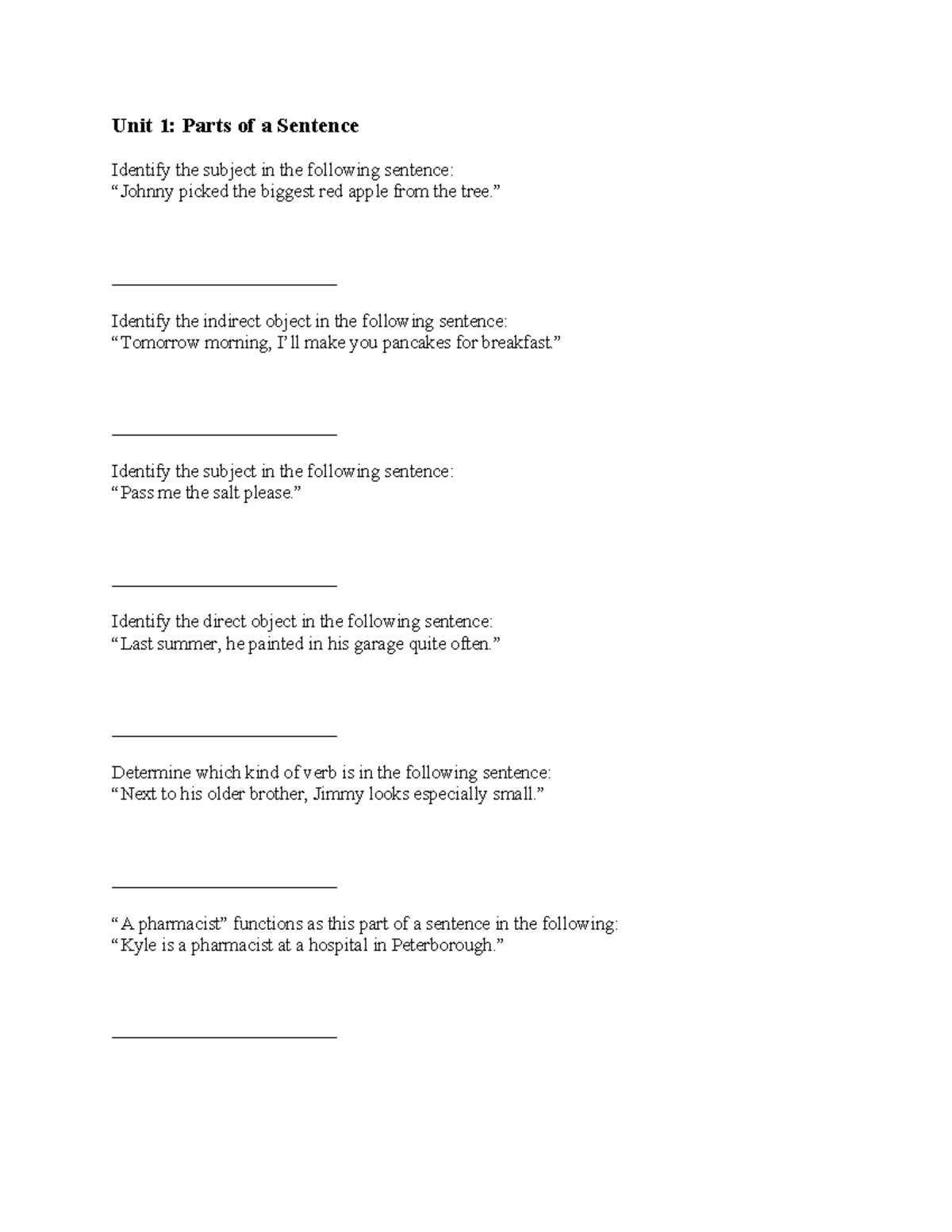 Unit 1 - Parts of a Sentence Worksheet - Unit 1: Parts of a Sentence ...