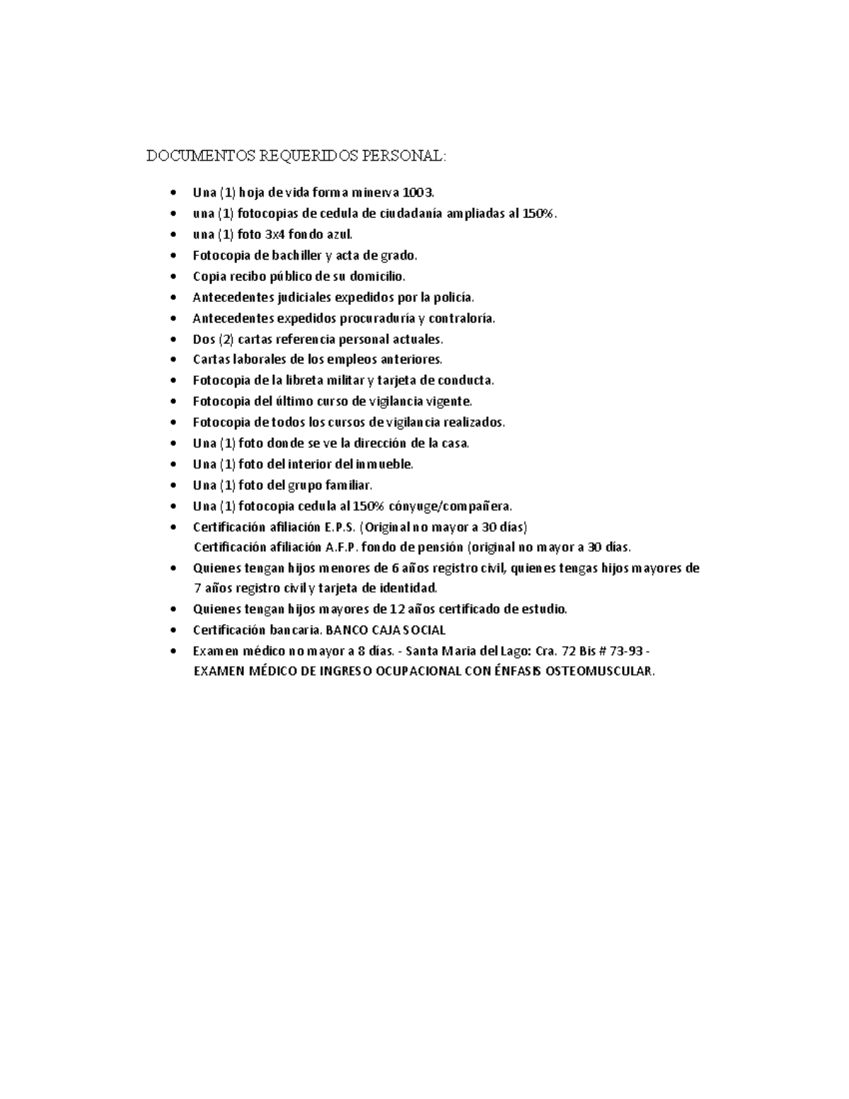 Documentos Requeridos Personal - DOCUMENTOS REQUERIDOS PERSONAL: Una (1 ...