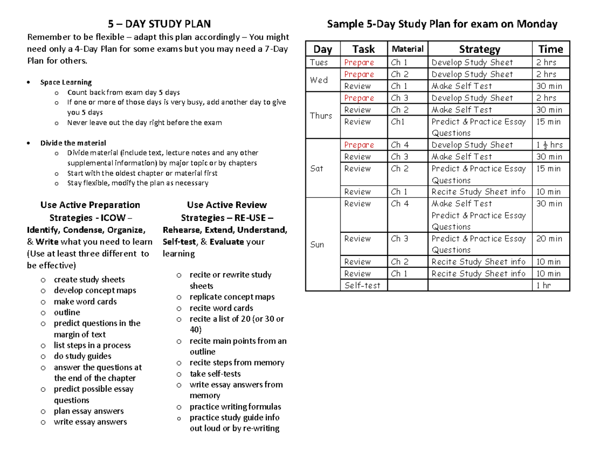 5 Day Study Plan - idk - 5 – DAY STUDY PLAN Remember to be flexible ...