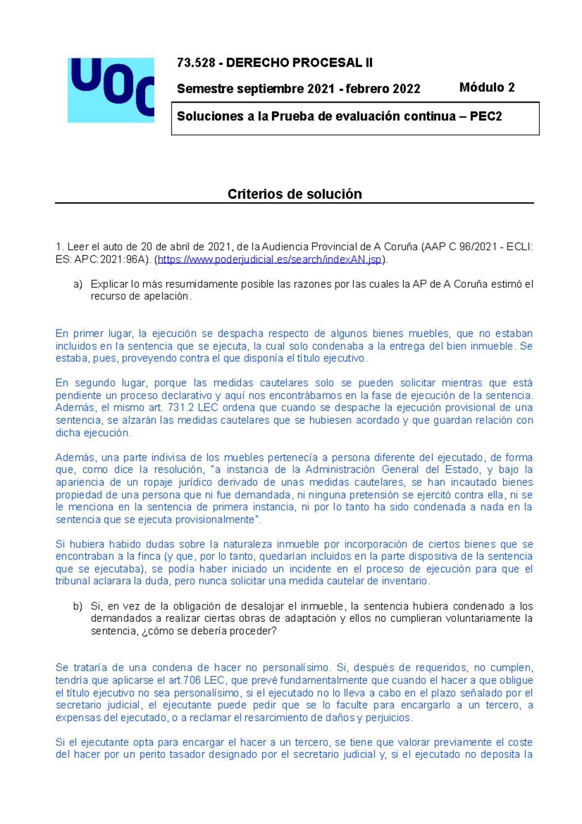 Sol PEC 2, Módulo 2 - Solución PEC Derecho Procesal II, Proceso de ejecución (II) - 73 - DERECHO ...