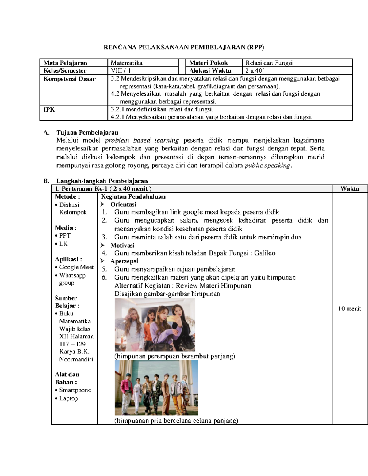 contoh RPP Relasi Fungsi - RENCANA PELAKSANAAN PEMBELAJARAN (RPP) Mata ...