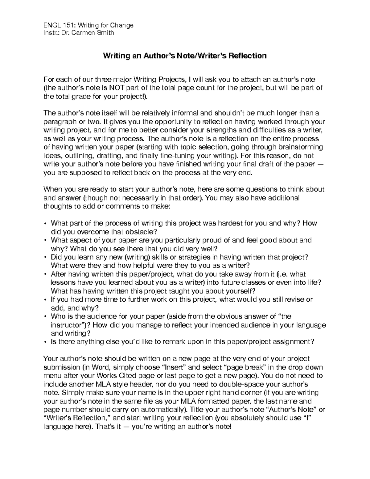 Writing an Author's note - ENGL 151: Writing for Change Instr.: Dr ...