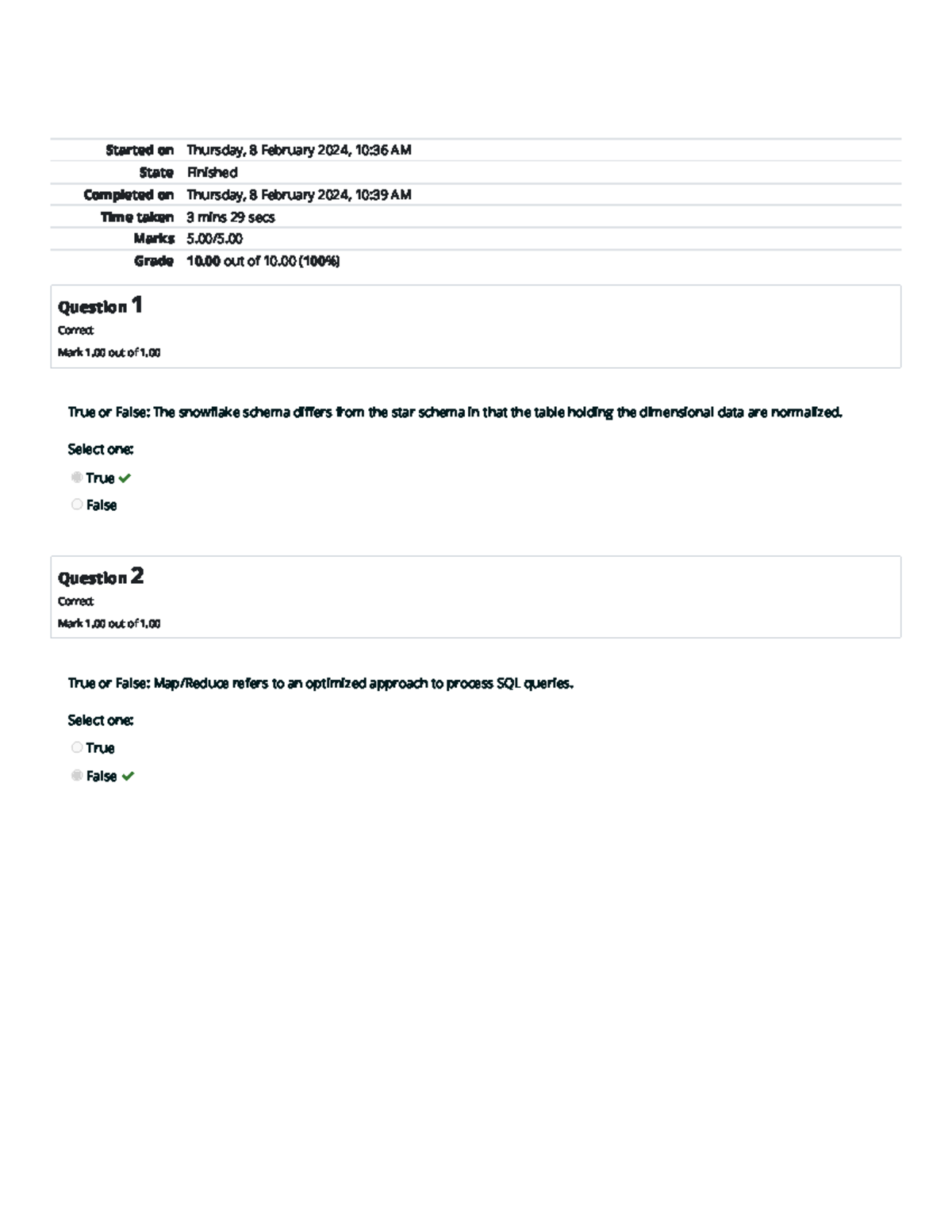 CS4407 Self-Quiz Unit 2 - Started on Thursday, 8 February 2024, 10:36 AM State Finished ...