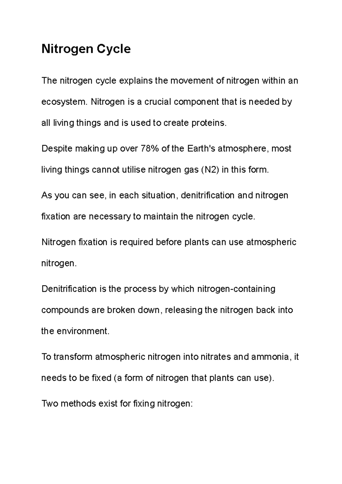 Nitrogen - Notes - Nitrogen Cycle The nitrogen cycle explains the ...