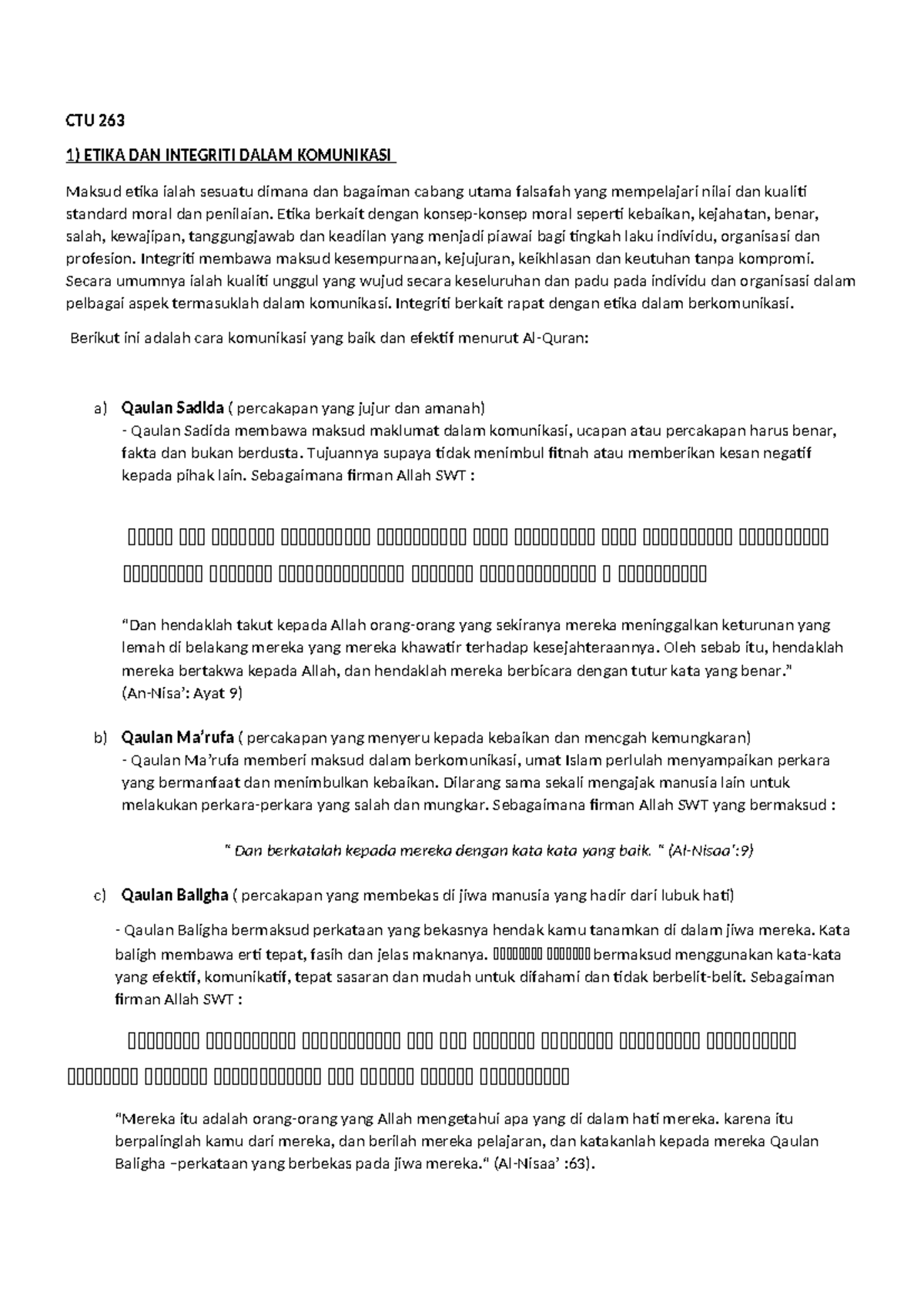 CTU 263 - Etika dan kesan komunikasi - CTU 263 ETIKA DAN INTEGRITI DALAM KOMUNIKASI Maksud etika ...