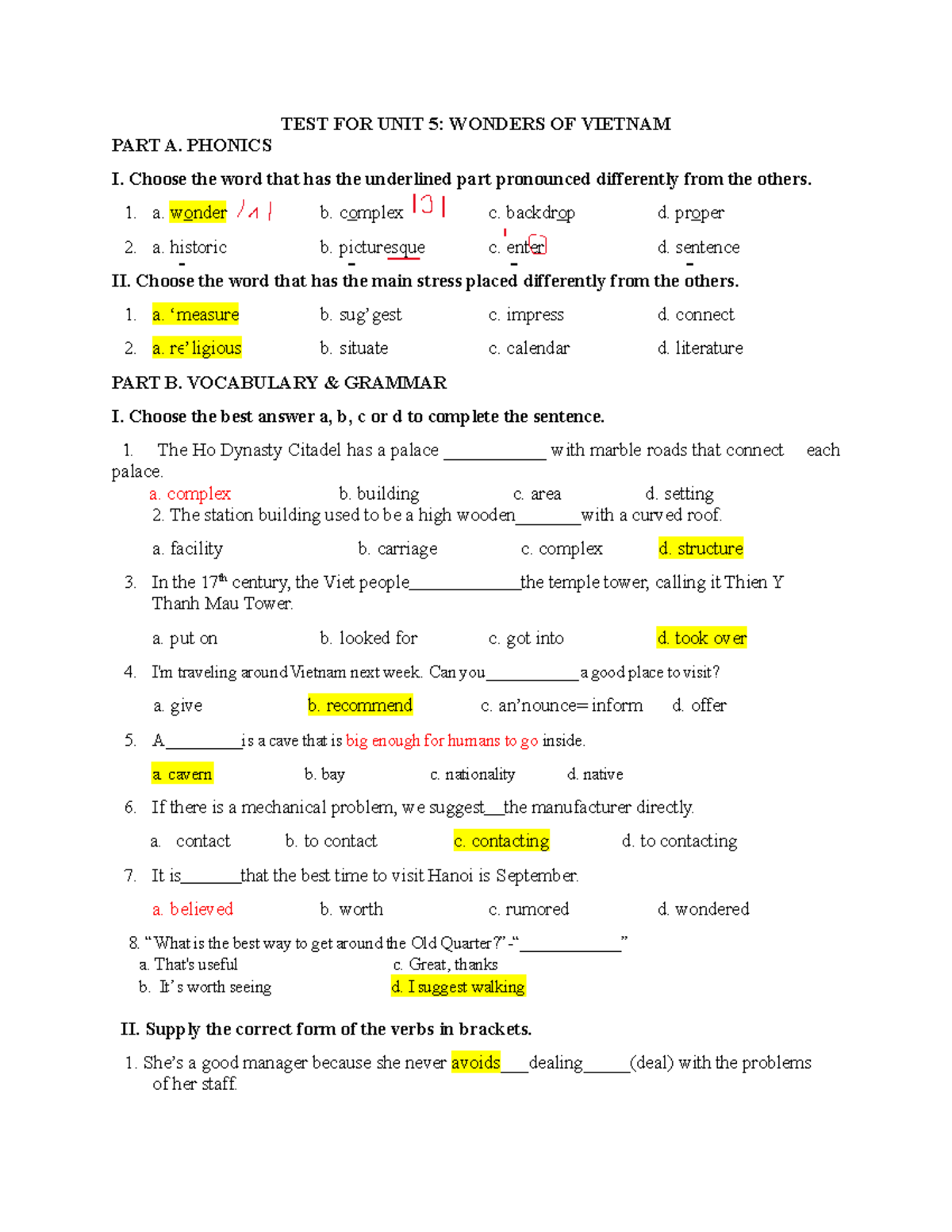 UNIT 5- Wonders of Vietnam- Test (P) - TEST FOR UNIT 5: WONDERS OF ...