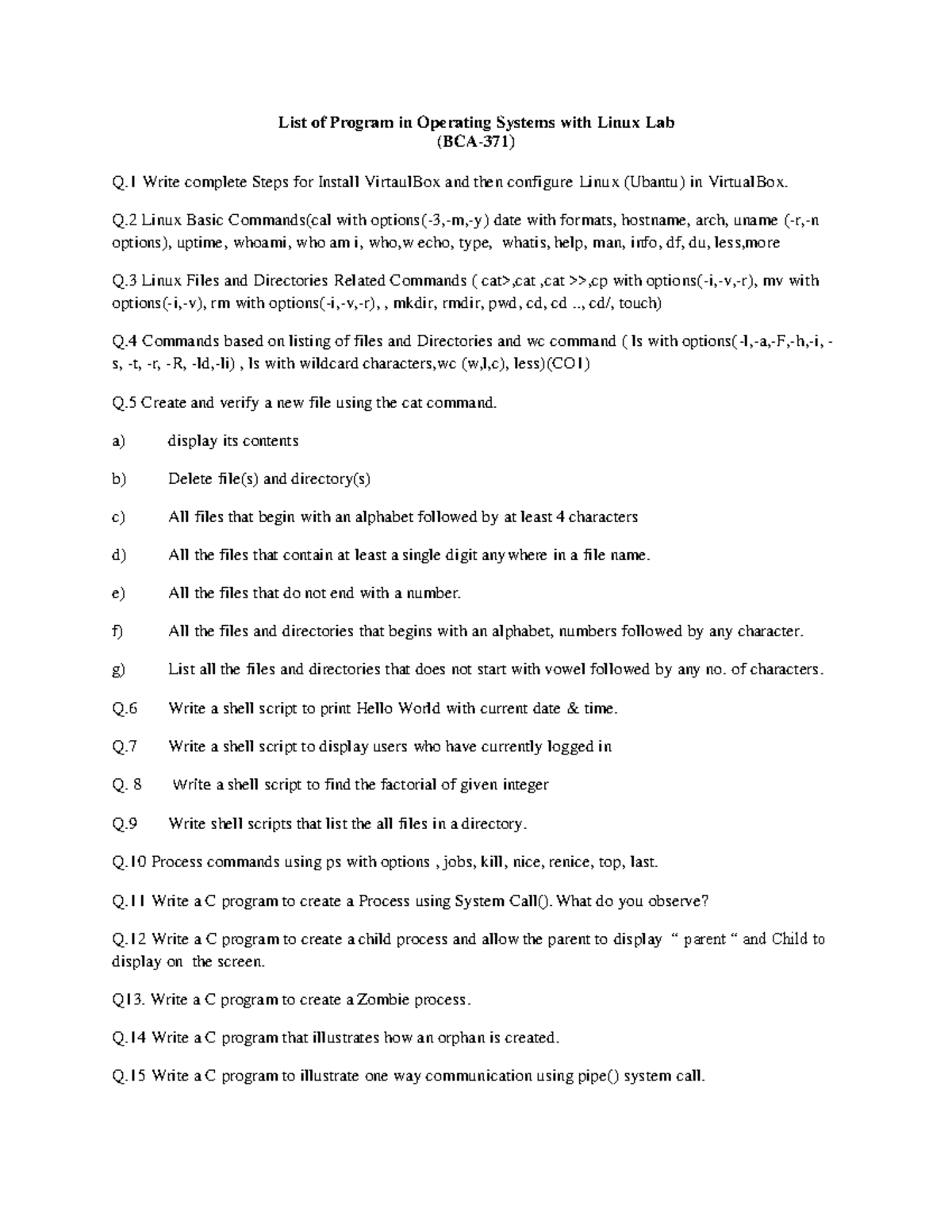 List Of Program In Operating Systems With Linux Labbca 371 Q Linux Basic Commandscal With