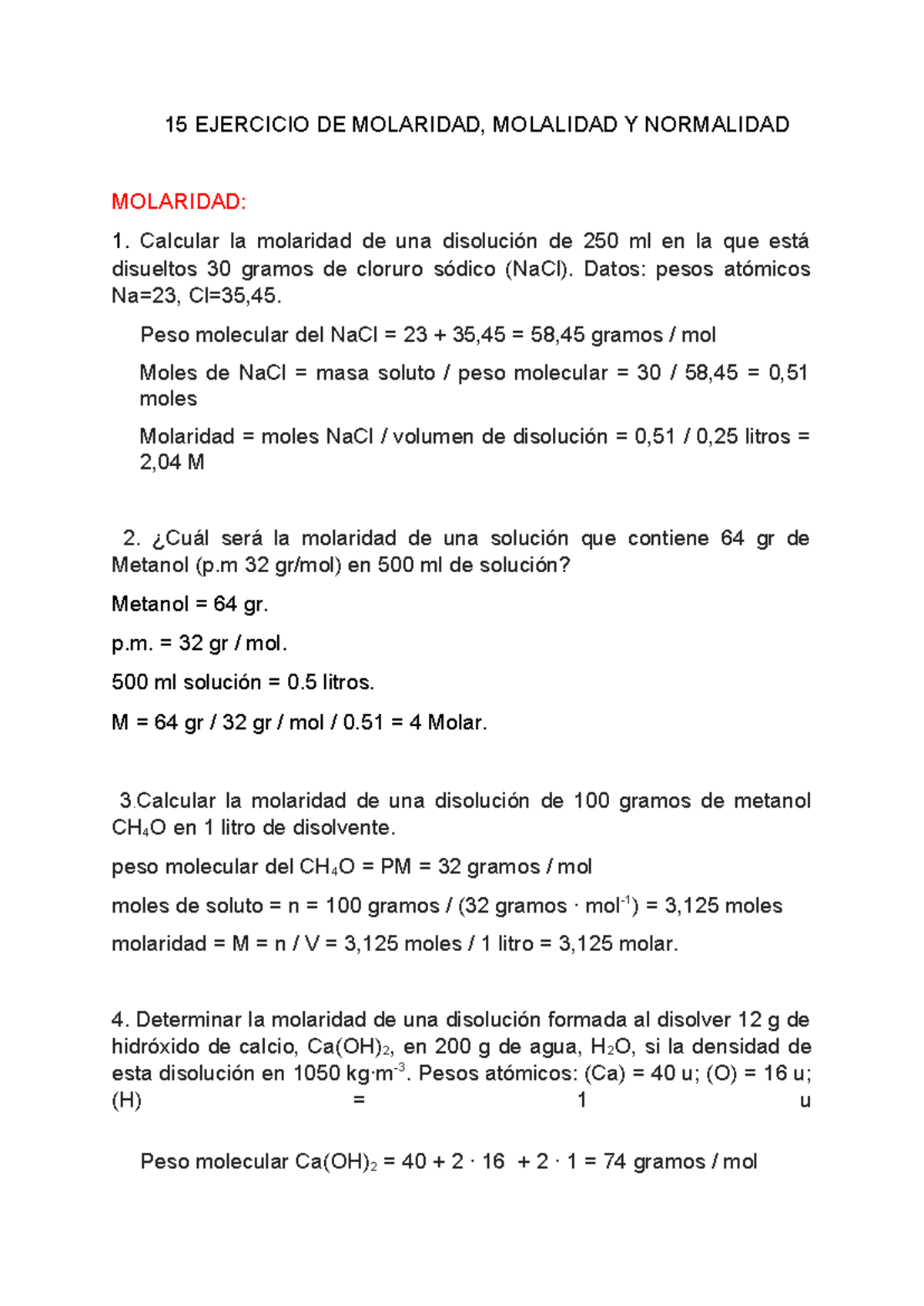 15 Ejercicios JOSE Maria Estrada Quimica II - 15 EJERCICIO DE MOLARIDAD ...