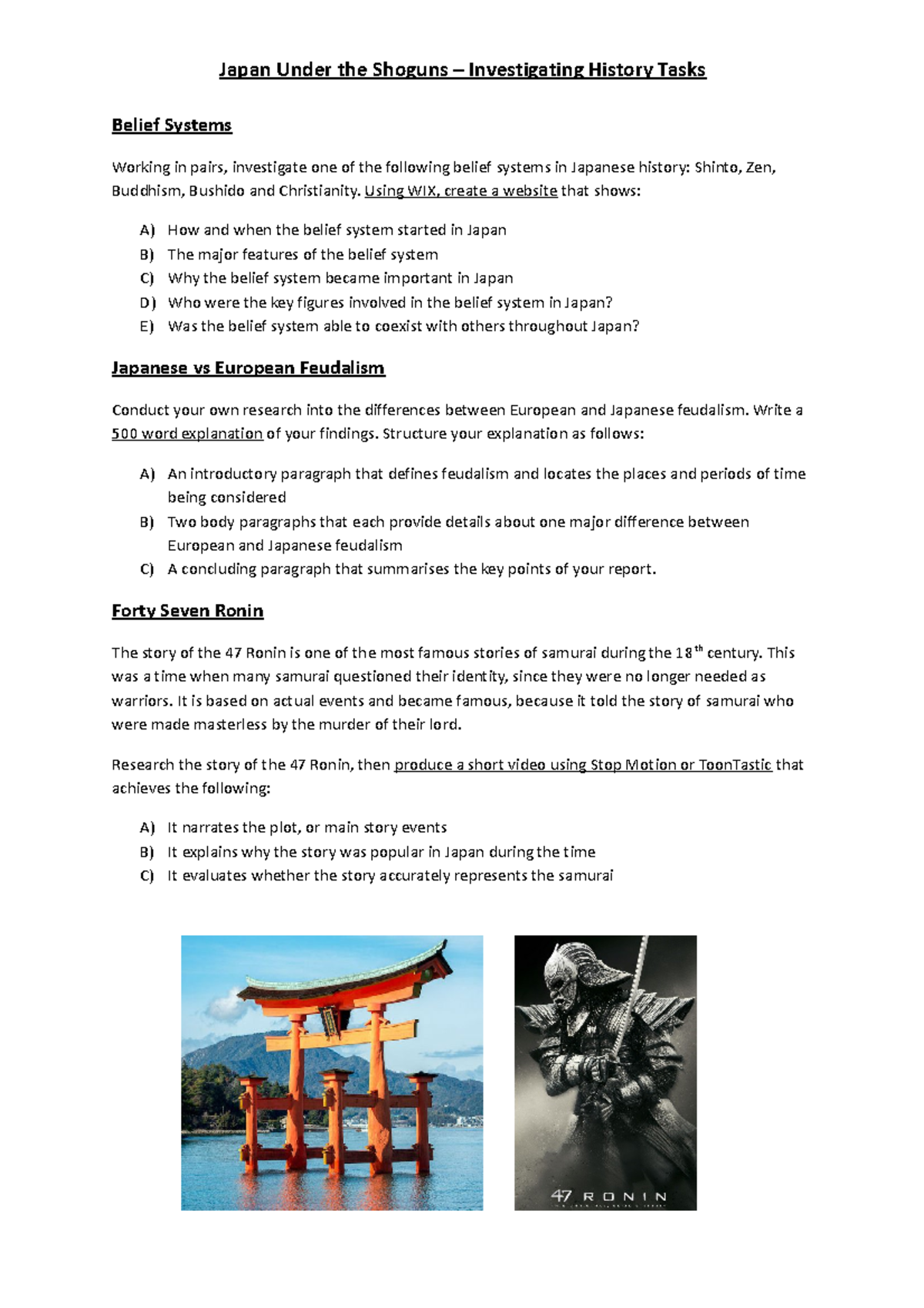 Japan Under the Shoguns - Investigation Tasks - Japan Under the Shoguns ...