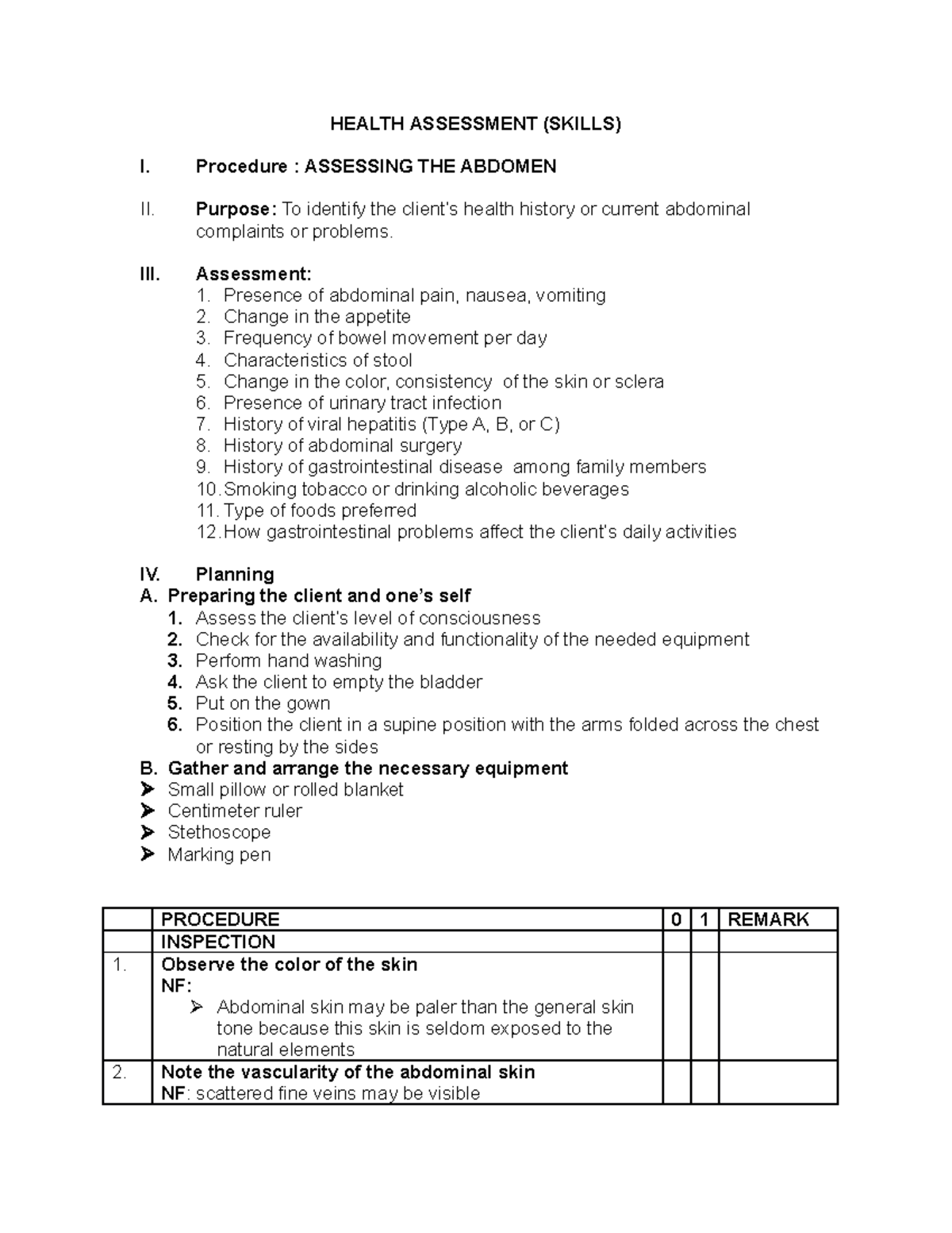 GI%20assessment - Skl - HEALTH ASSESSMENT (SKILLS) I. Procedure ...