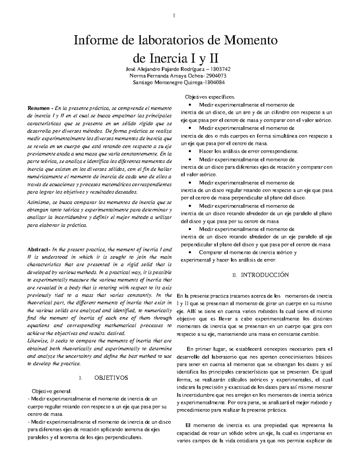 Informe final lab fisica - Informe de laboratorios de Momento de ...