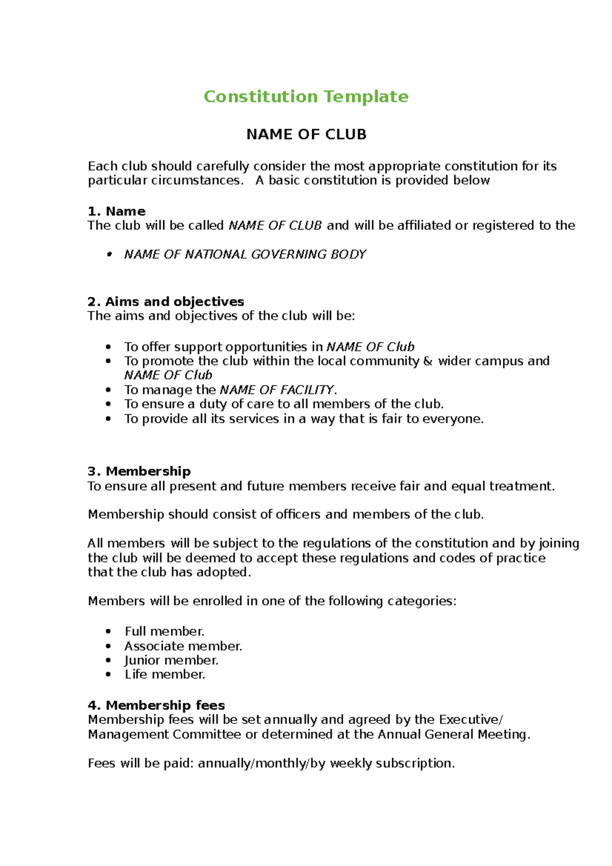 Clubs-template-constitution - Constitution Template NAME OF CLUB Each ...