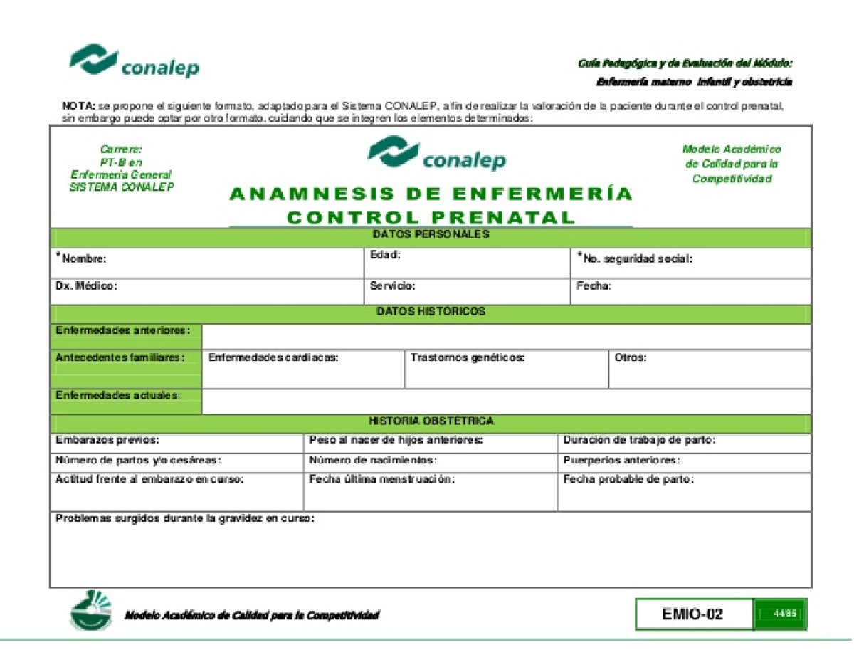 Control prenatal anamnesis - Enfermeria Materno Infantil - Studocu