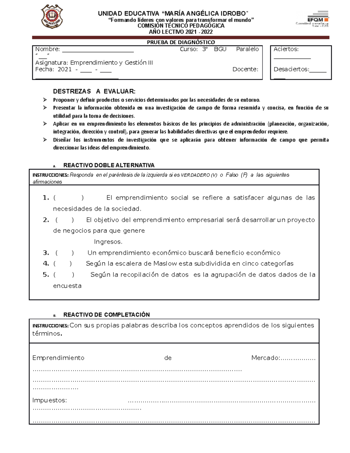 01. Prueba Diagnóstico Emprendimiento 3bgu 2021-2022 - UNIDAD EDUCATIVA “MARÍA ANGÉLICA IDROBO ...