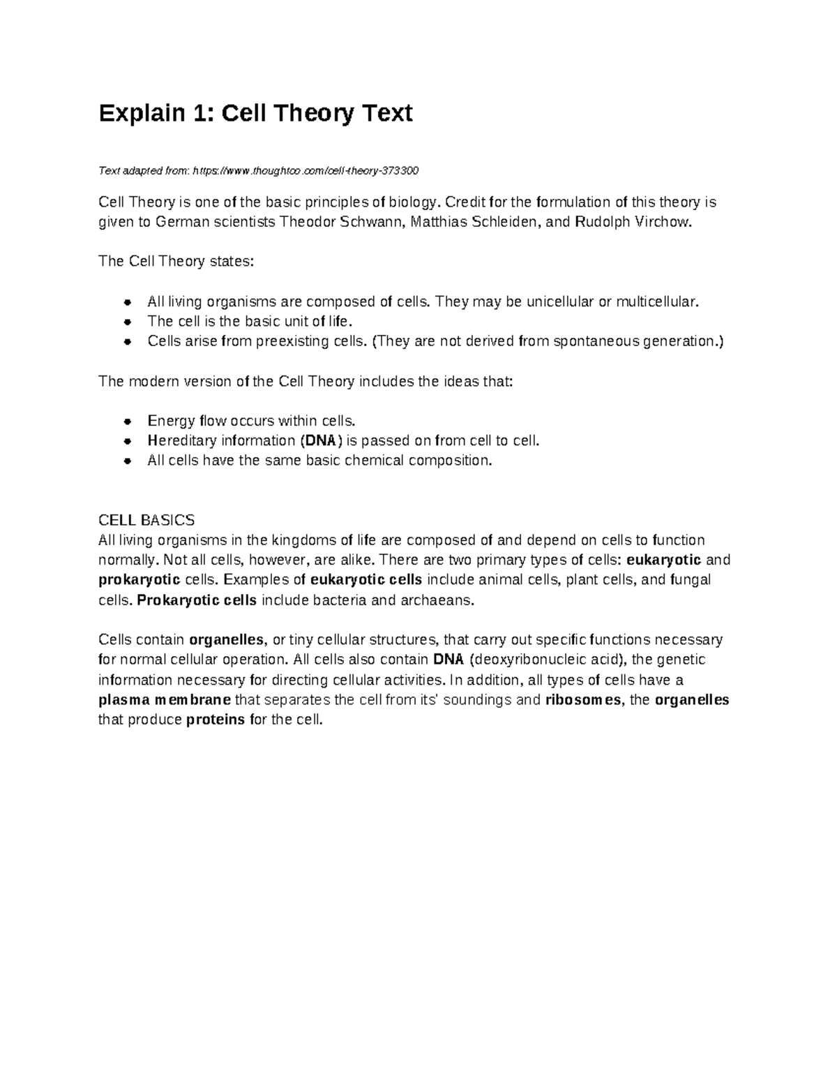 Cell Theory Text - .... - Explain 1: Cell Theory Text Text adapted from ...