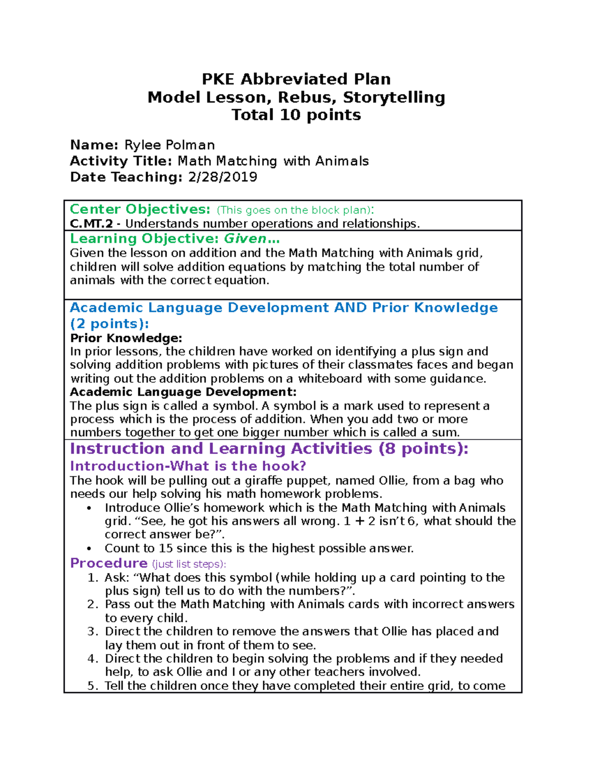 Abbreviated Lesson Plan 1 (PreK Math) - PKE Abbreviated Plan Model ...
