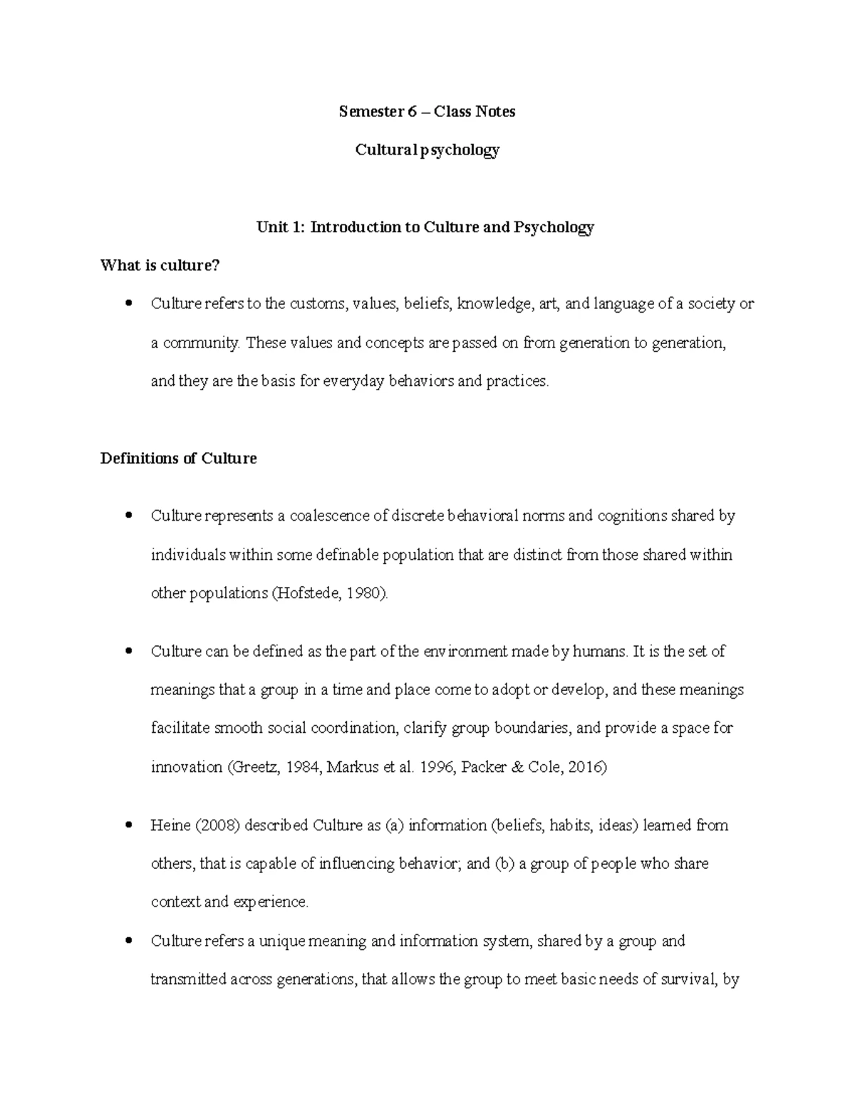 Cultural Notes Final - UNIT 1: Introduction to Culture and Psychology ...