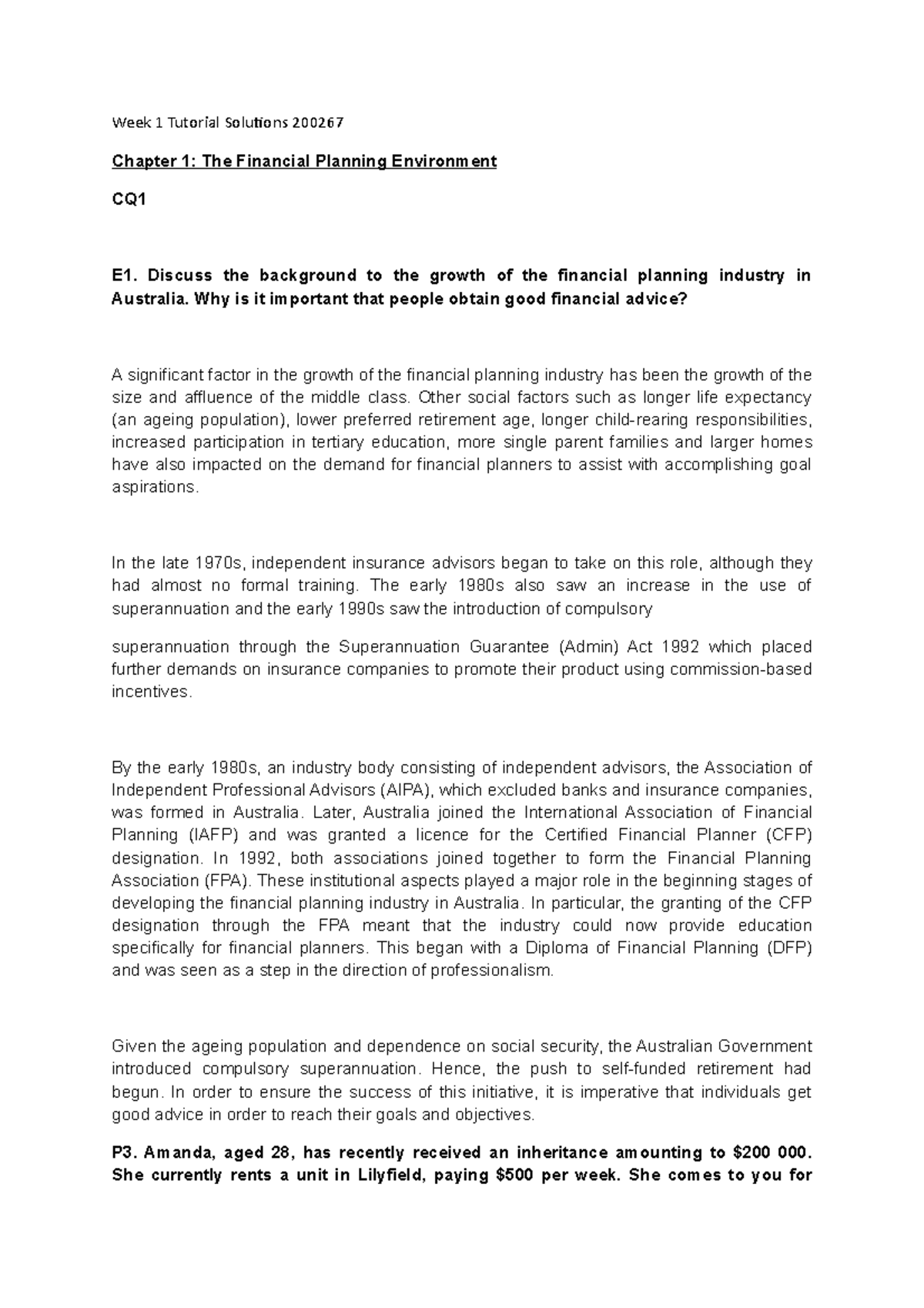 Week 1 Tutorial Solutions 200267 - Week 1 Tutorial Solutions 200267 Chapter 1: The Financial ...