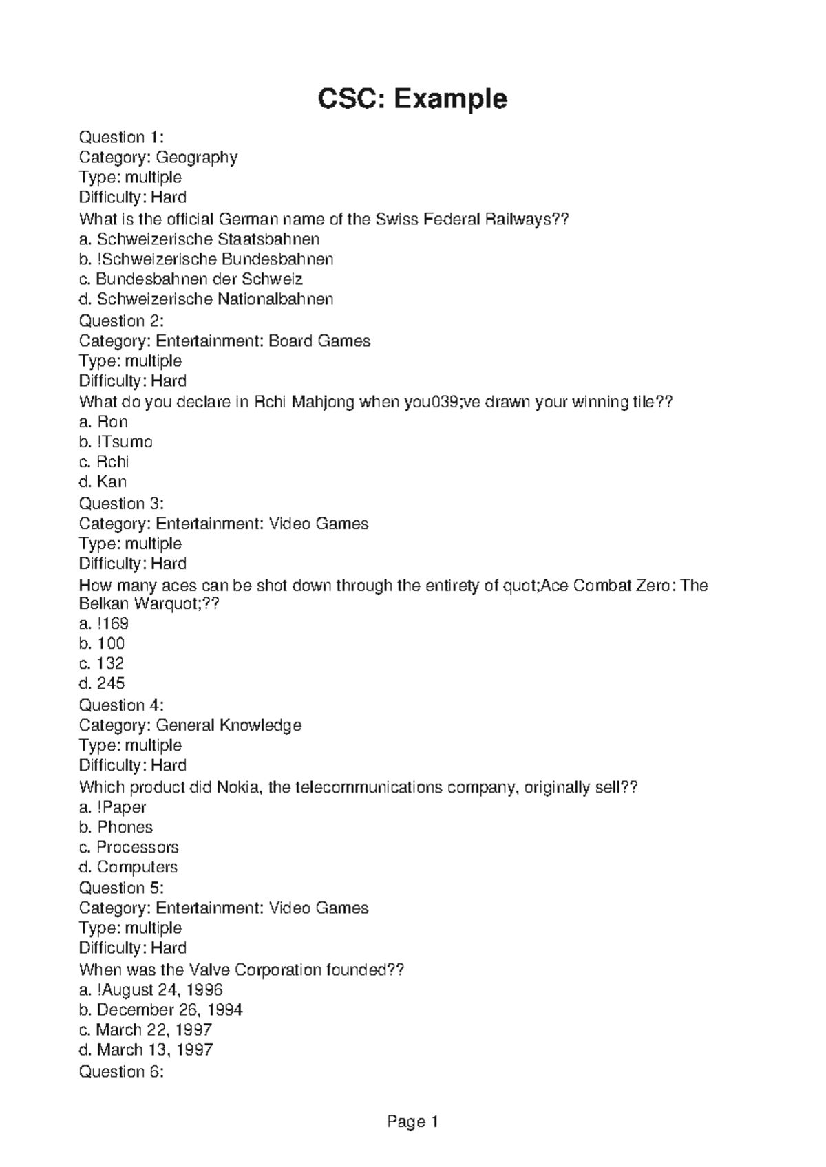 CSC106 Powerpoint 7 - CSC: Example Question 1: Category: Geography Type ...