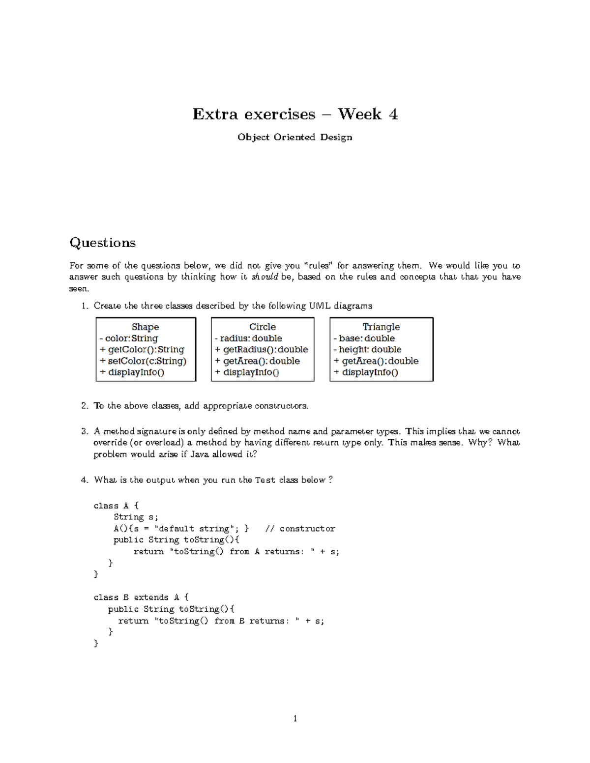 COMP250 Extra Exercises Week4 - Extra exercises – Week 4 Object Oriented Design Questions For ...