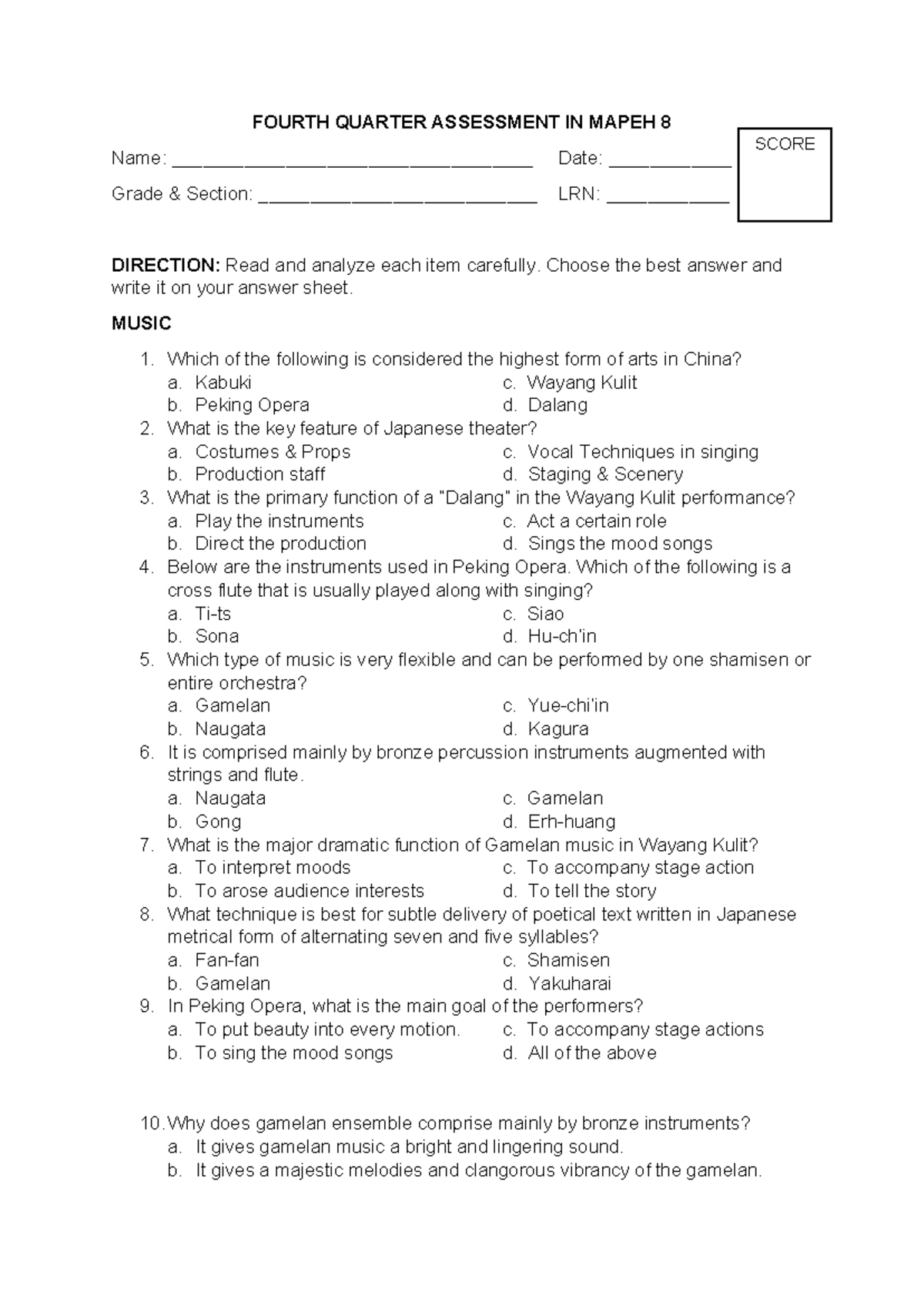 4th Periodical Test Mapeh 8 Test Questionnaire with Key to Correction ...