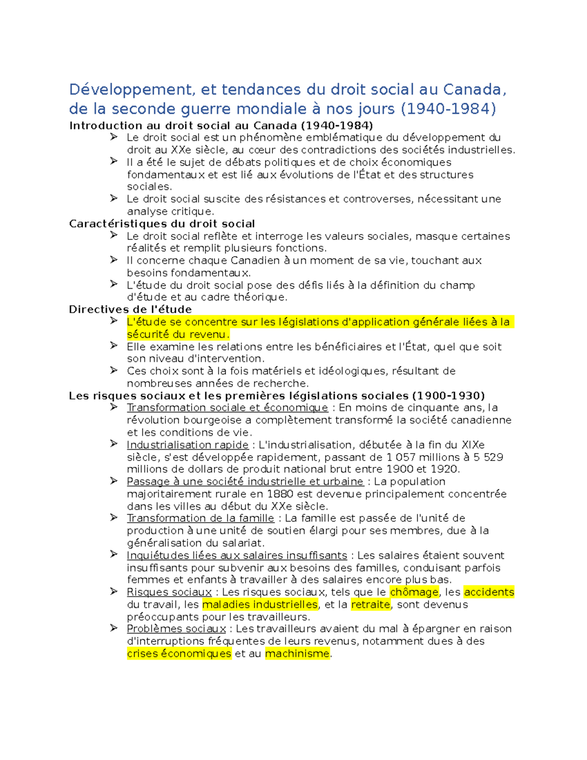 Développement, et tendances du droit social au Canada, de la seconde ...