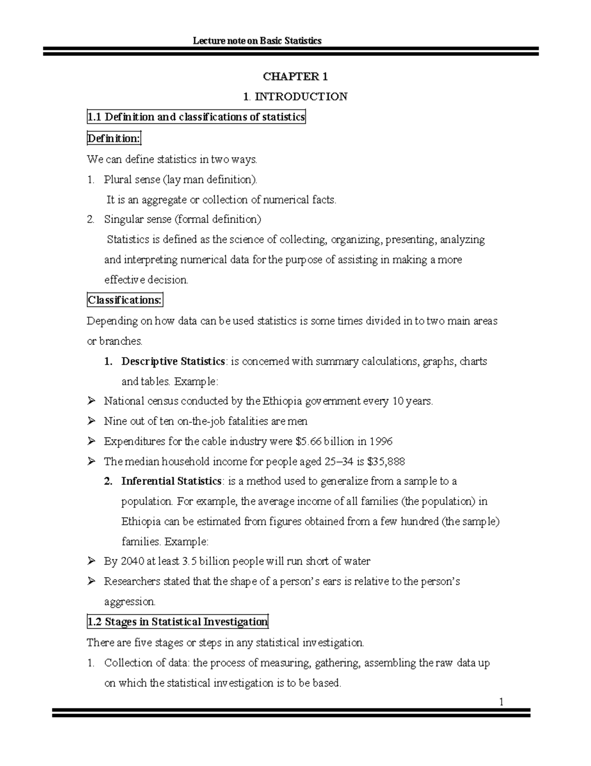Basic statistics - CHAPTER 1 CHAPTER 1 1. INTRODUCTION 1 Definition and classifications of - Studocu