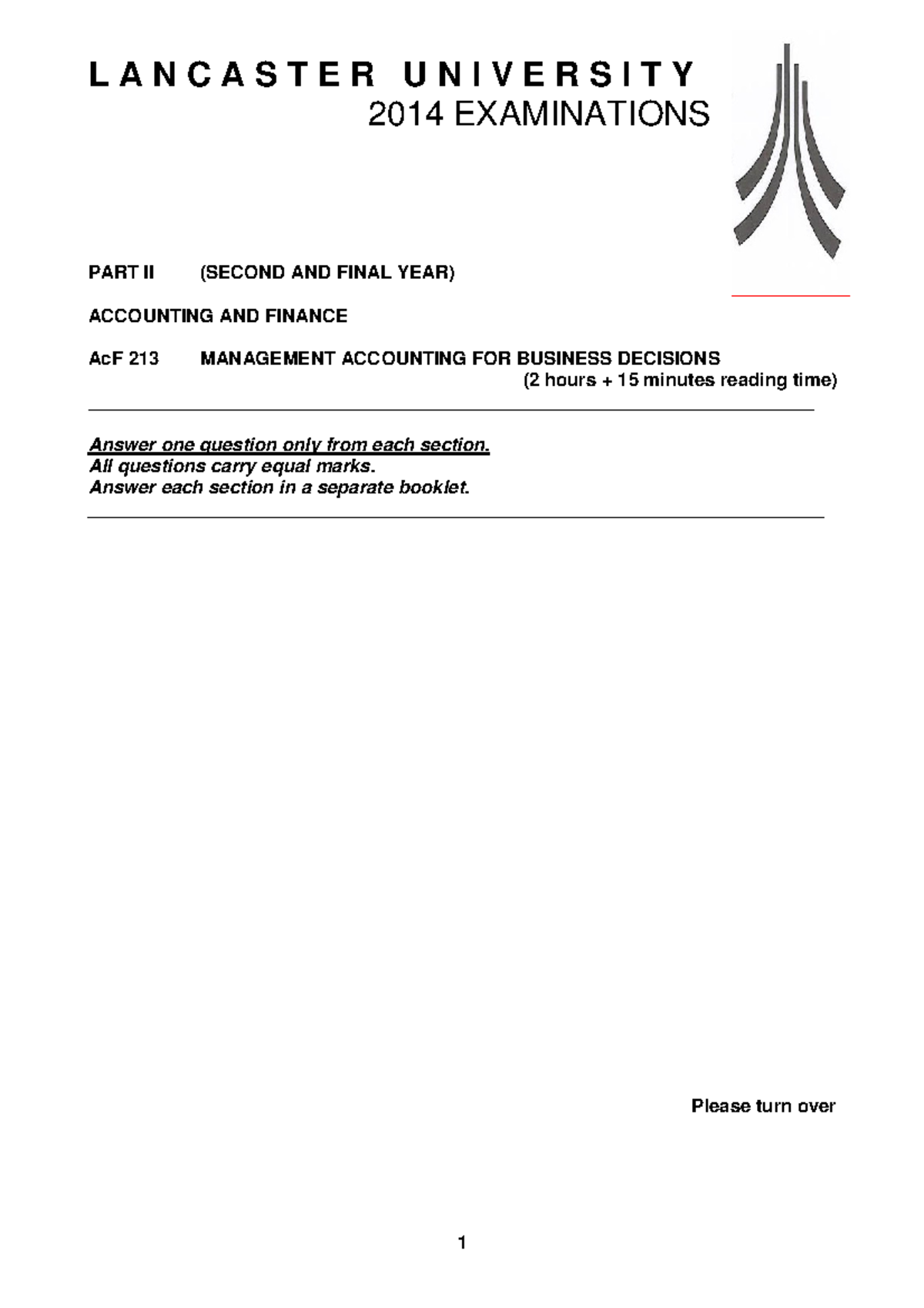 ACF 213 EXAM 2014, questions - LANCASTER UNIVERSITY 2014 EXAMINATIONS ...