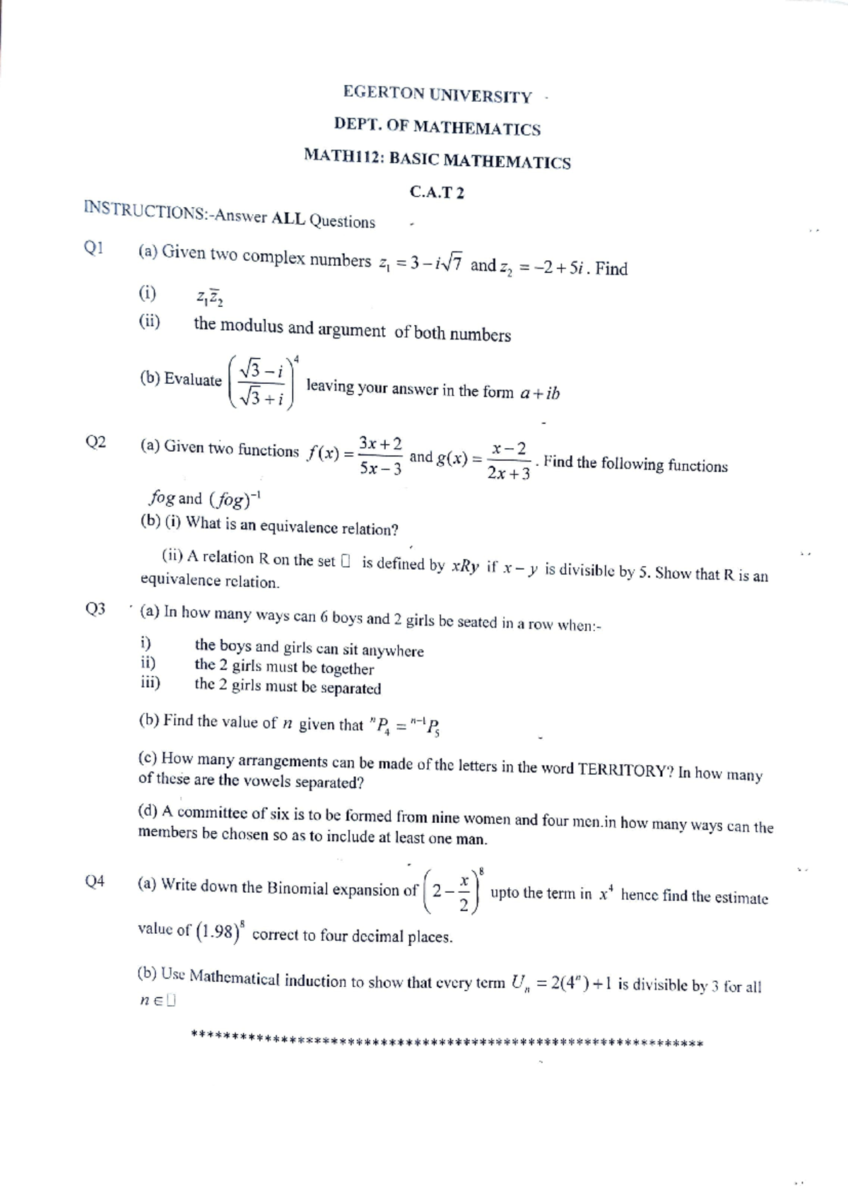 Math 112 take away cat - Basic maths - EGERTON UNIVERSITY DEPT. OF ...