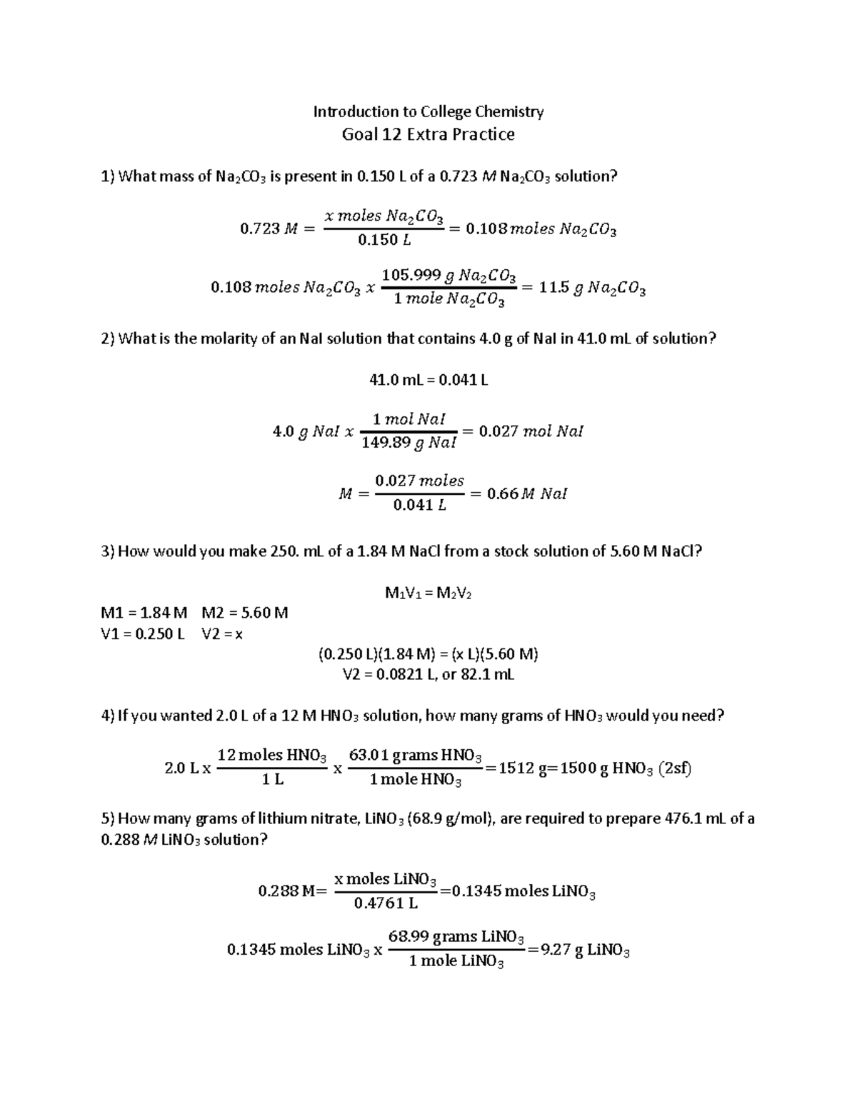 G12 Extra Practice Problems - Introduction to College Chemistry Goal 12 ...