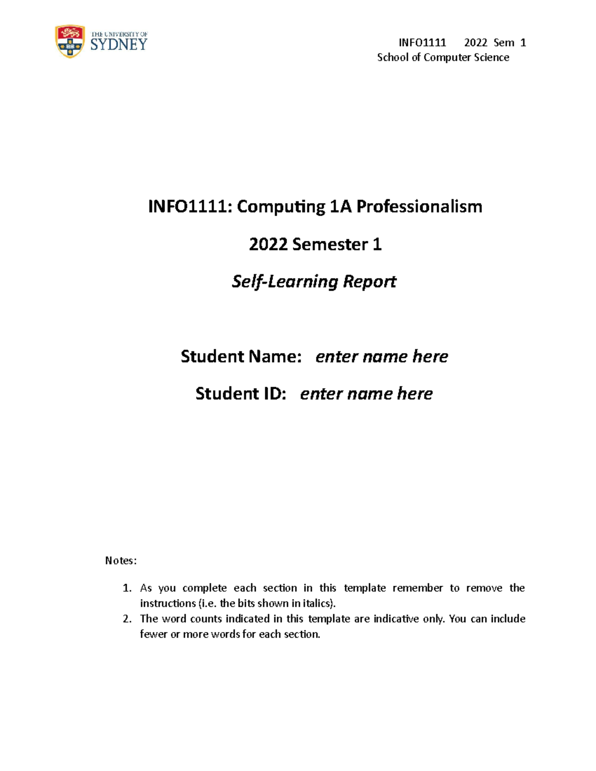 INFO1111 2022-S1 Self-Learning Report Template - INFO1111 2022 Sem 1 ...