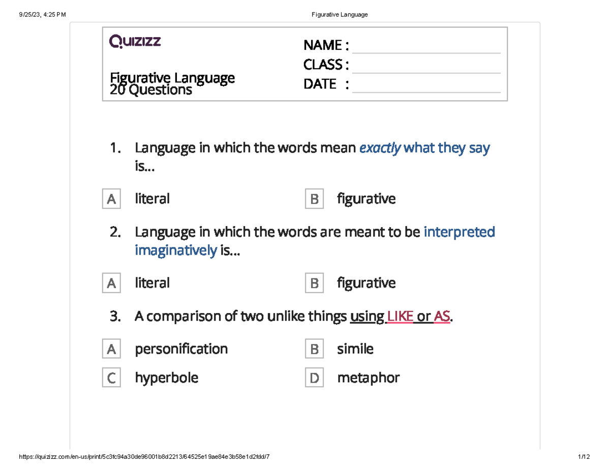 Quizizz - Figurative Language - Figurative Language 20 Questions NAME ...