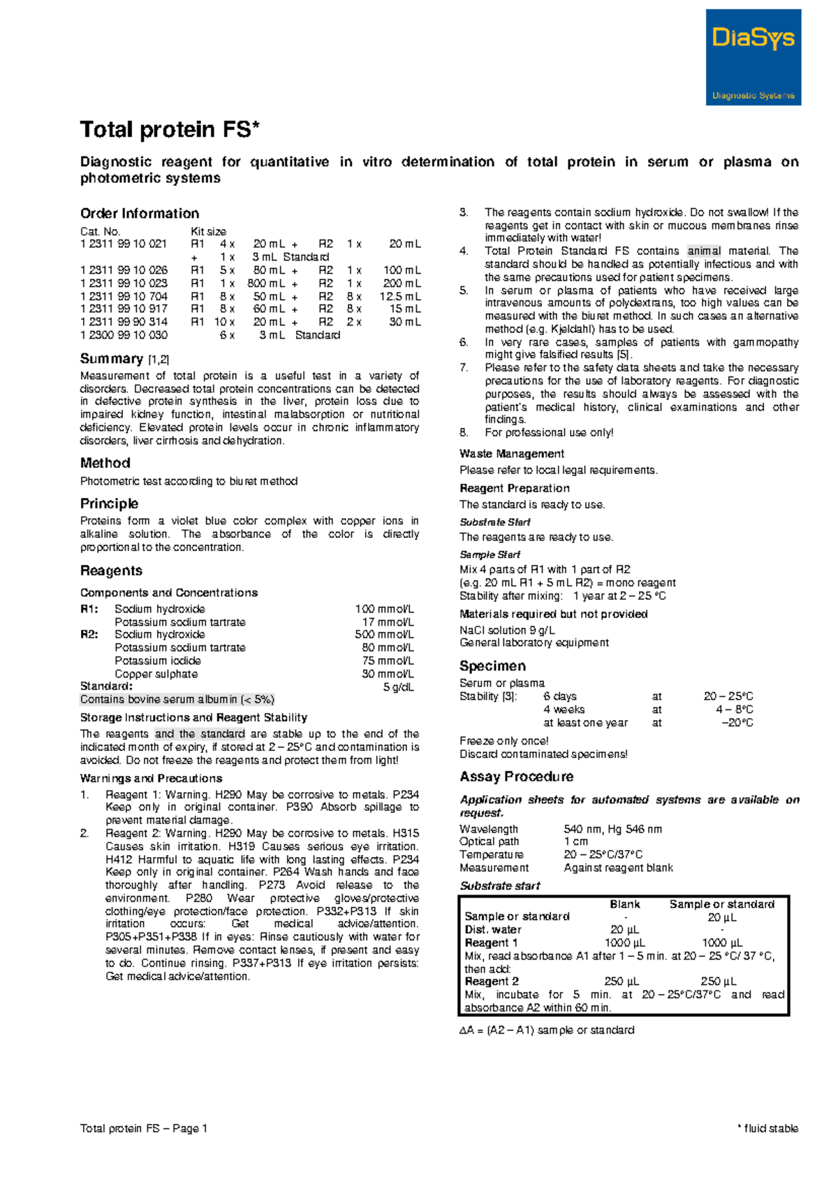 Procedure TP biureet - Total protein FS – Page 1 * fluid stable Total ...