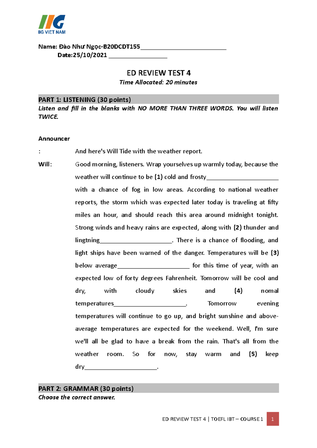 Bản sao 4 ED Review Test 4 - Name: Đào Nh ư Ng c-B20DCDT155ọ ...