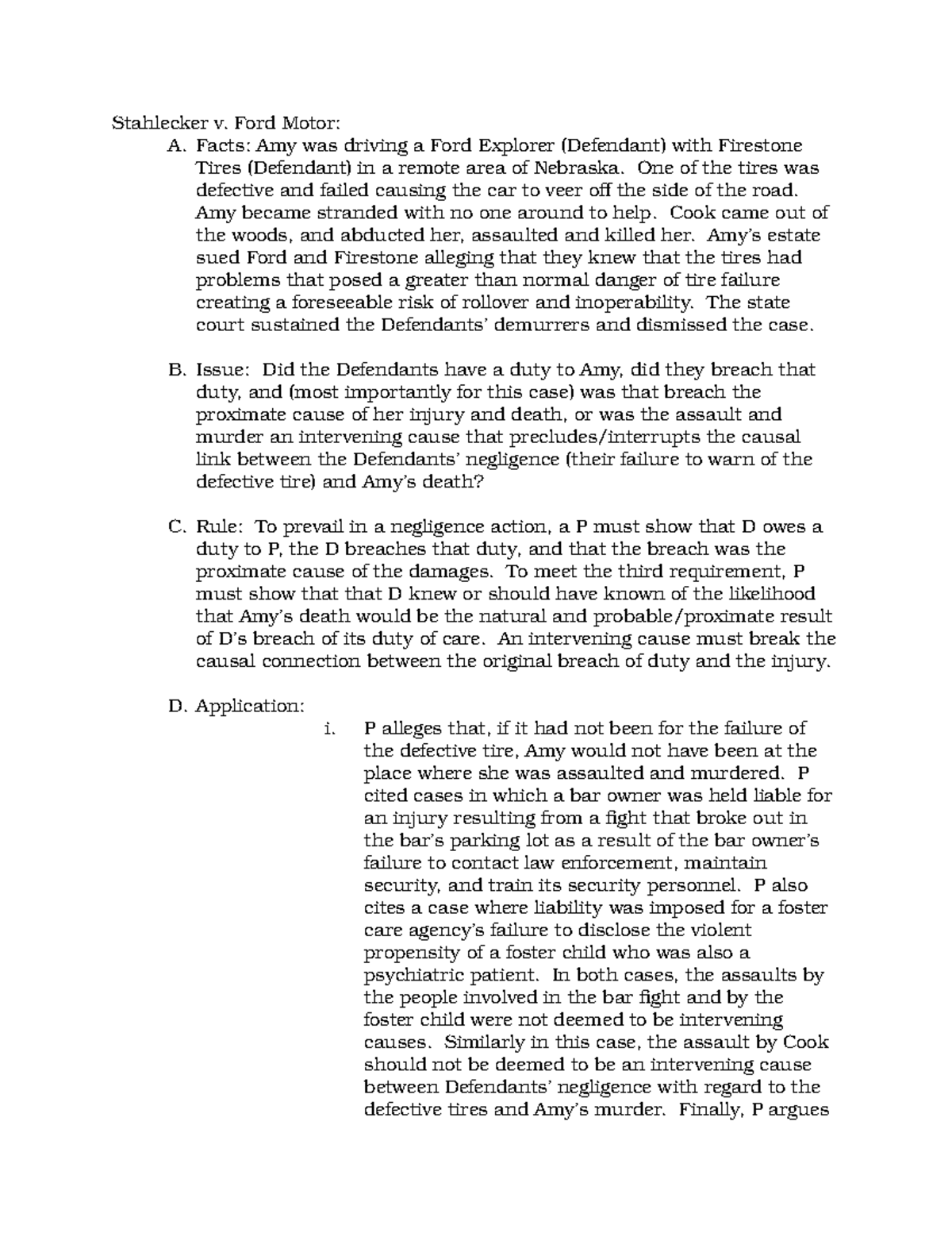Brief Stahlecker v Ford Motor - Stahlecker v. Ford Motor: A. Facts: Amy ...